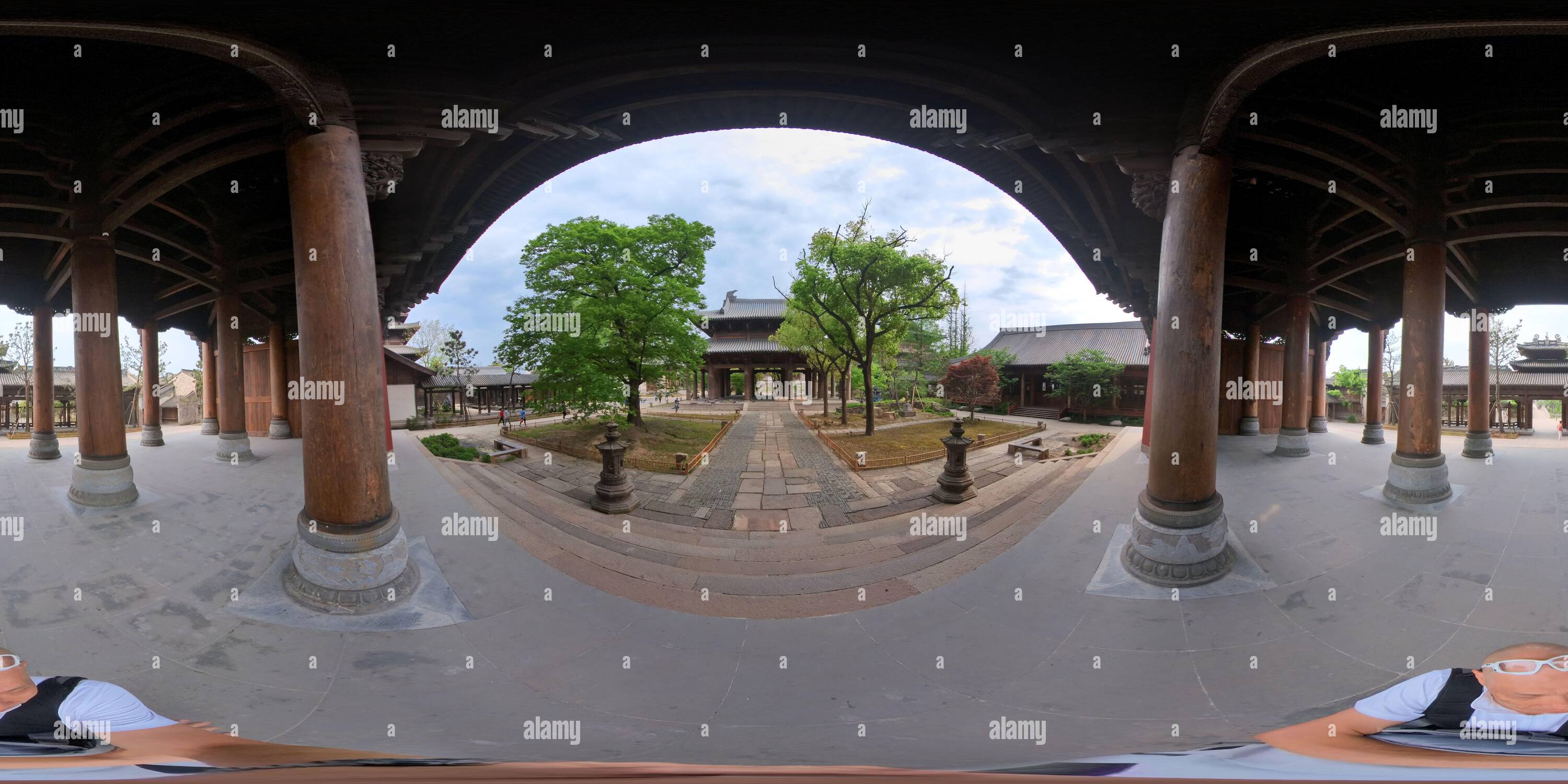 360° view of 360 view of A majestic wooden temple with a traditional ...