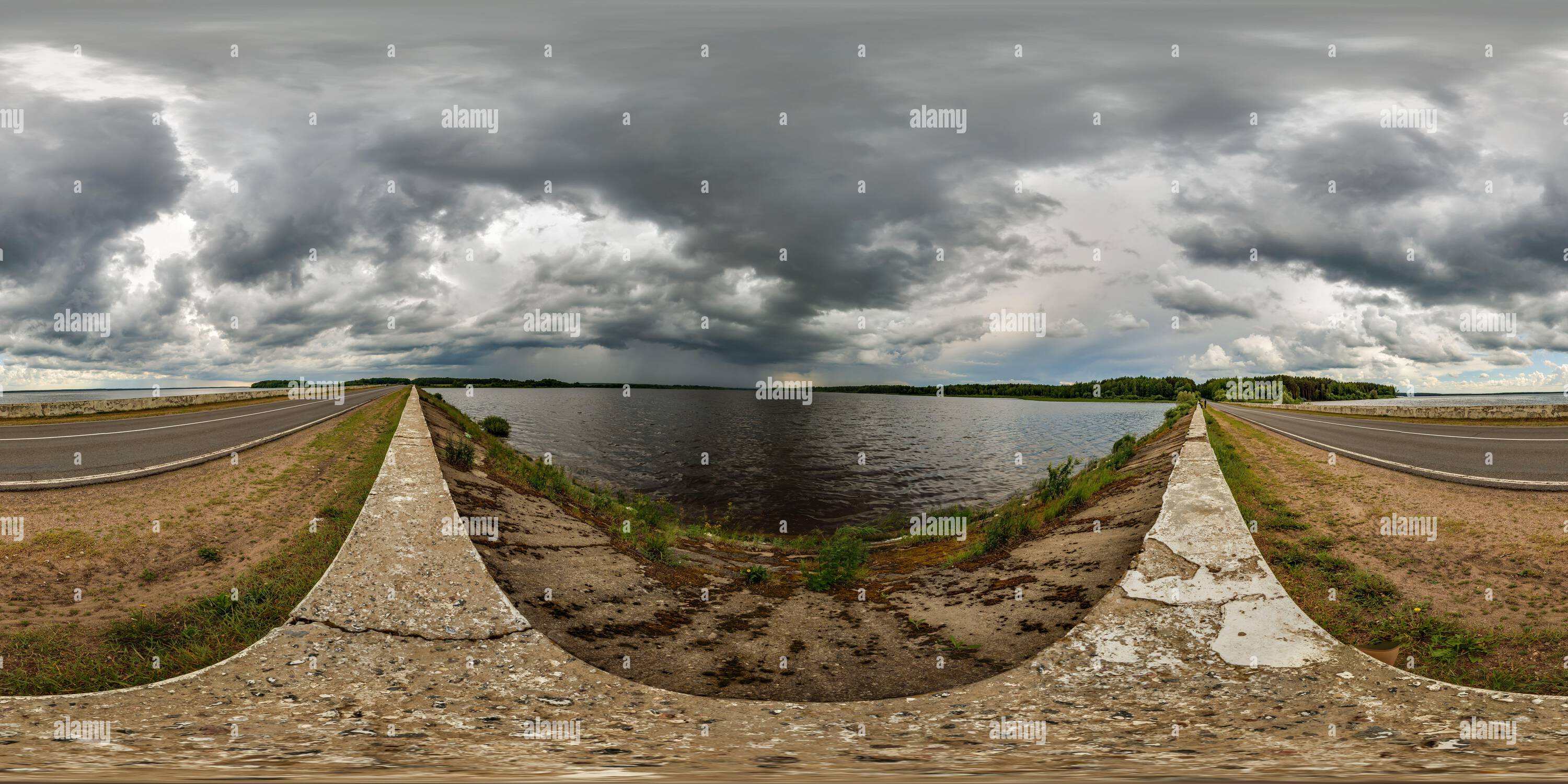 360° view of 360 seamless hdri panorama view near lake before storm with overcast sky and dark ...
