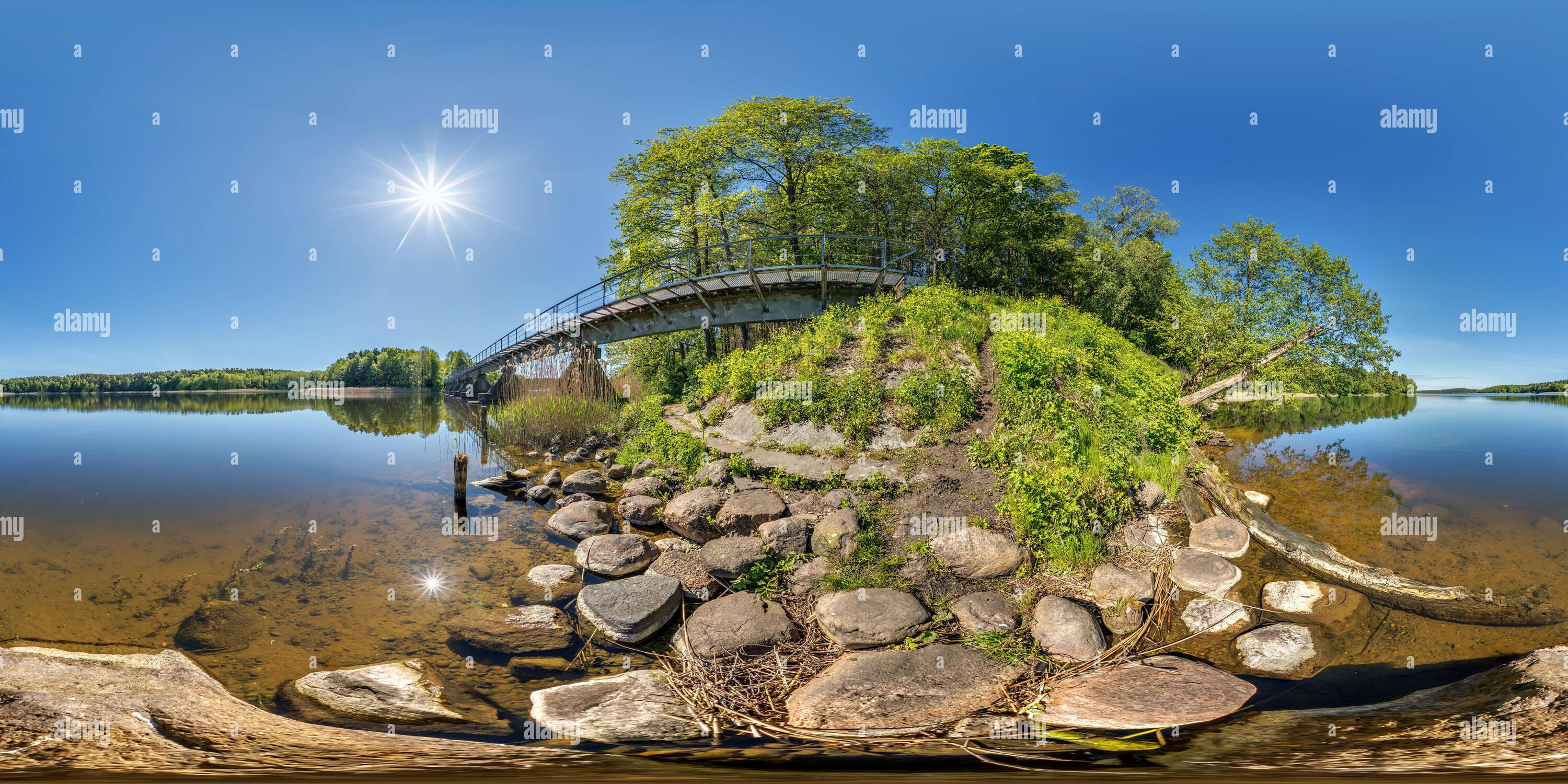 360° view of 360 hdri panorama under railway bridge with view on steel ...