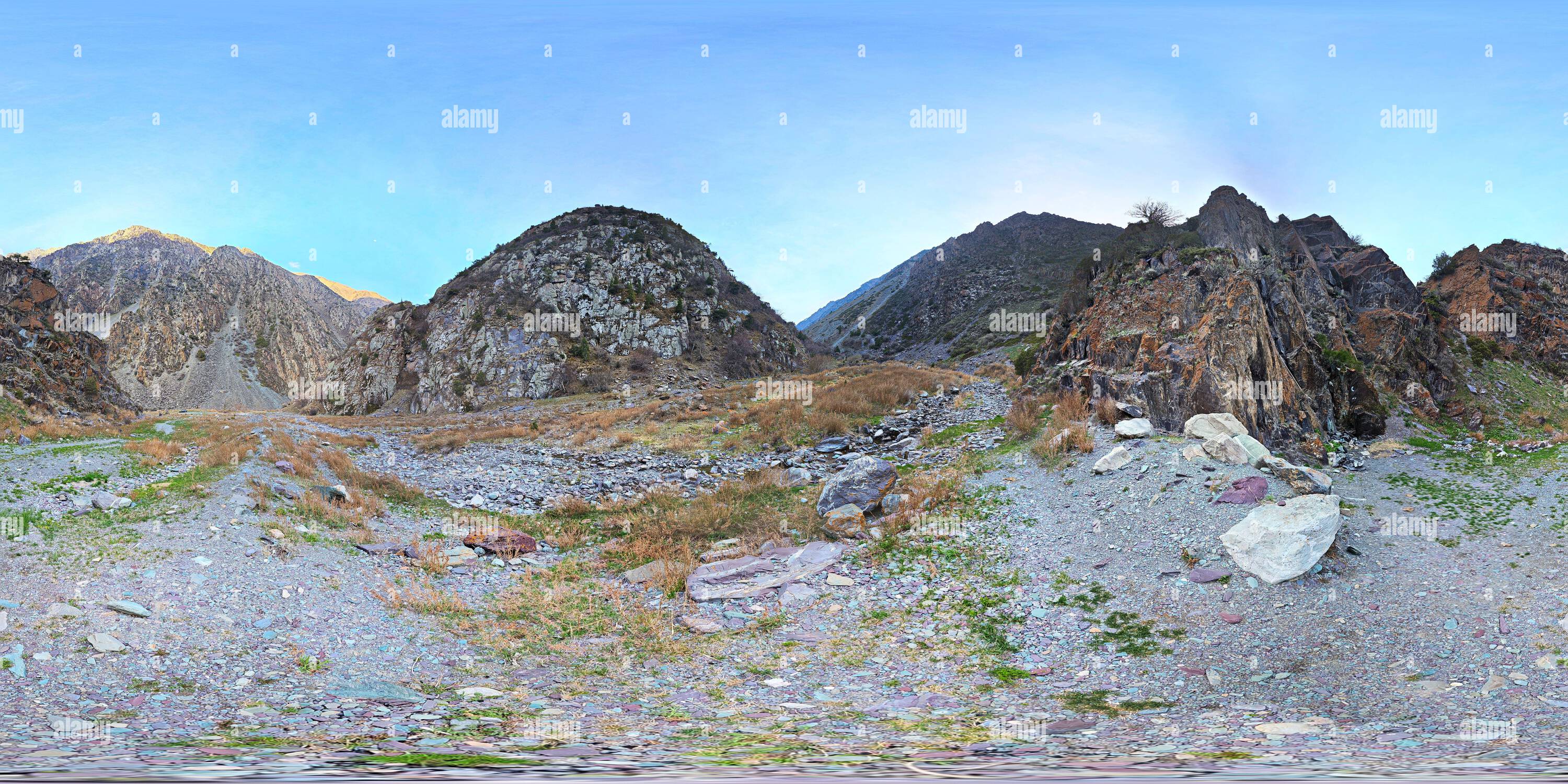 360° view of Full Spherical panorama of dry rocky riverbed in mountain ...