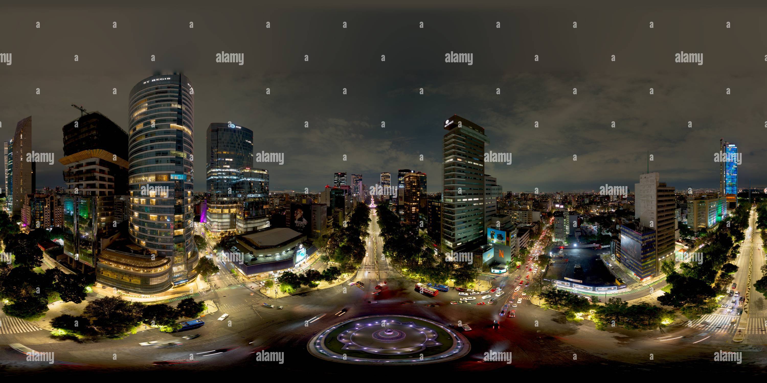 360° view of CDMX, Mexico, Air pano Diana casadora cross roada at night ...