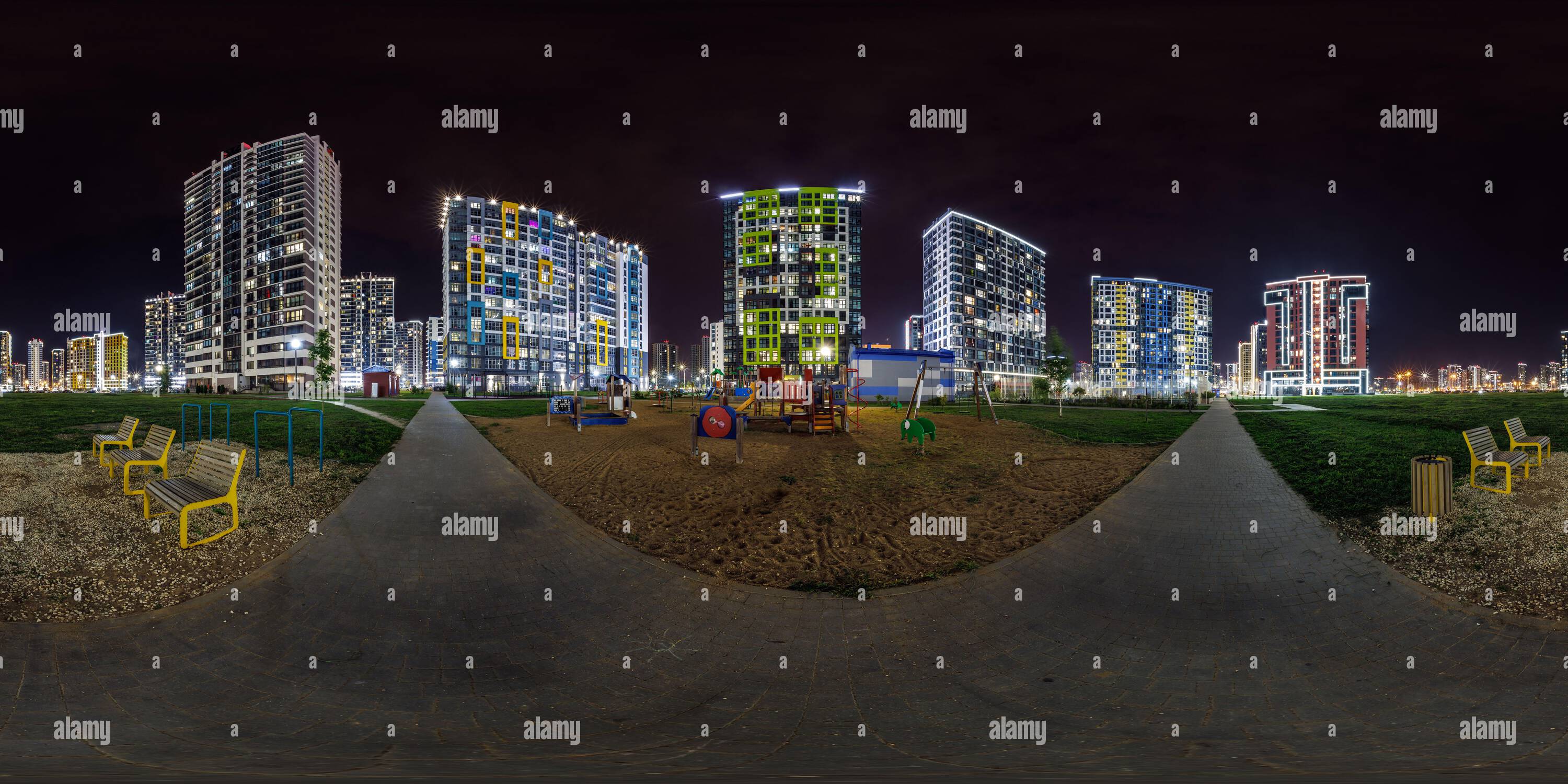 360° view of night panorama 360 near skyscraper multistory buildings ...