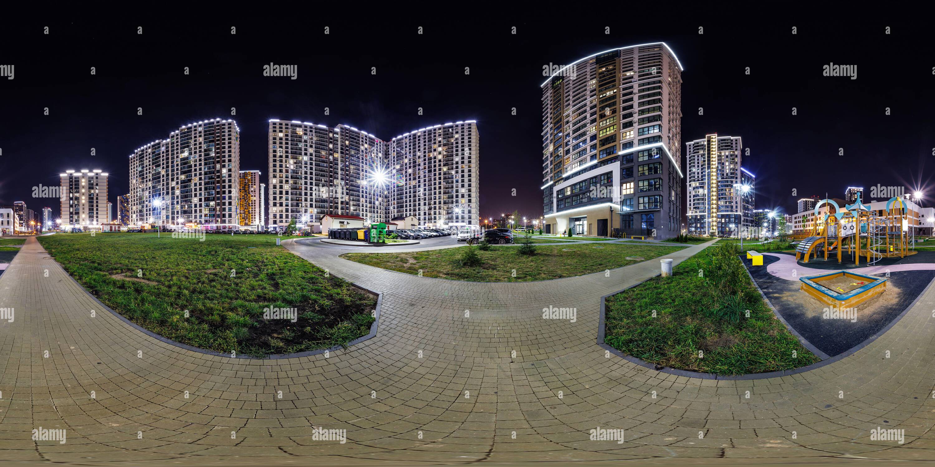 360° view of night panorama 360 near skyscraper multistory buildings ...