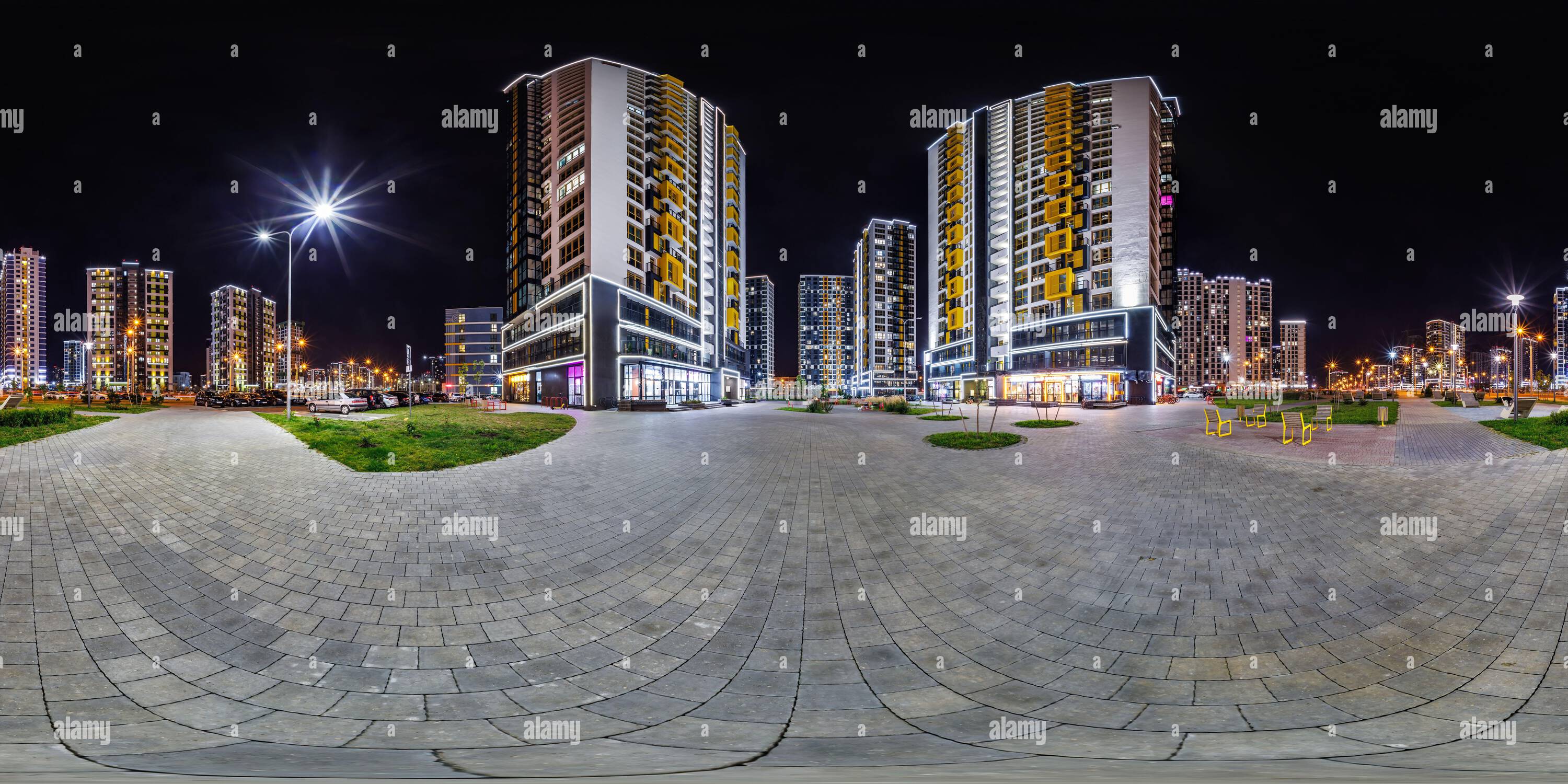 360° view of night panorama 360 near skyscraper multistory buildings ...