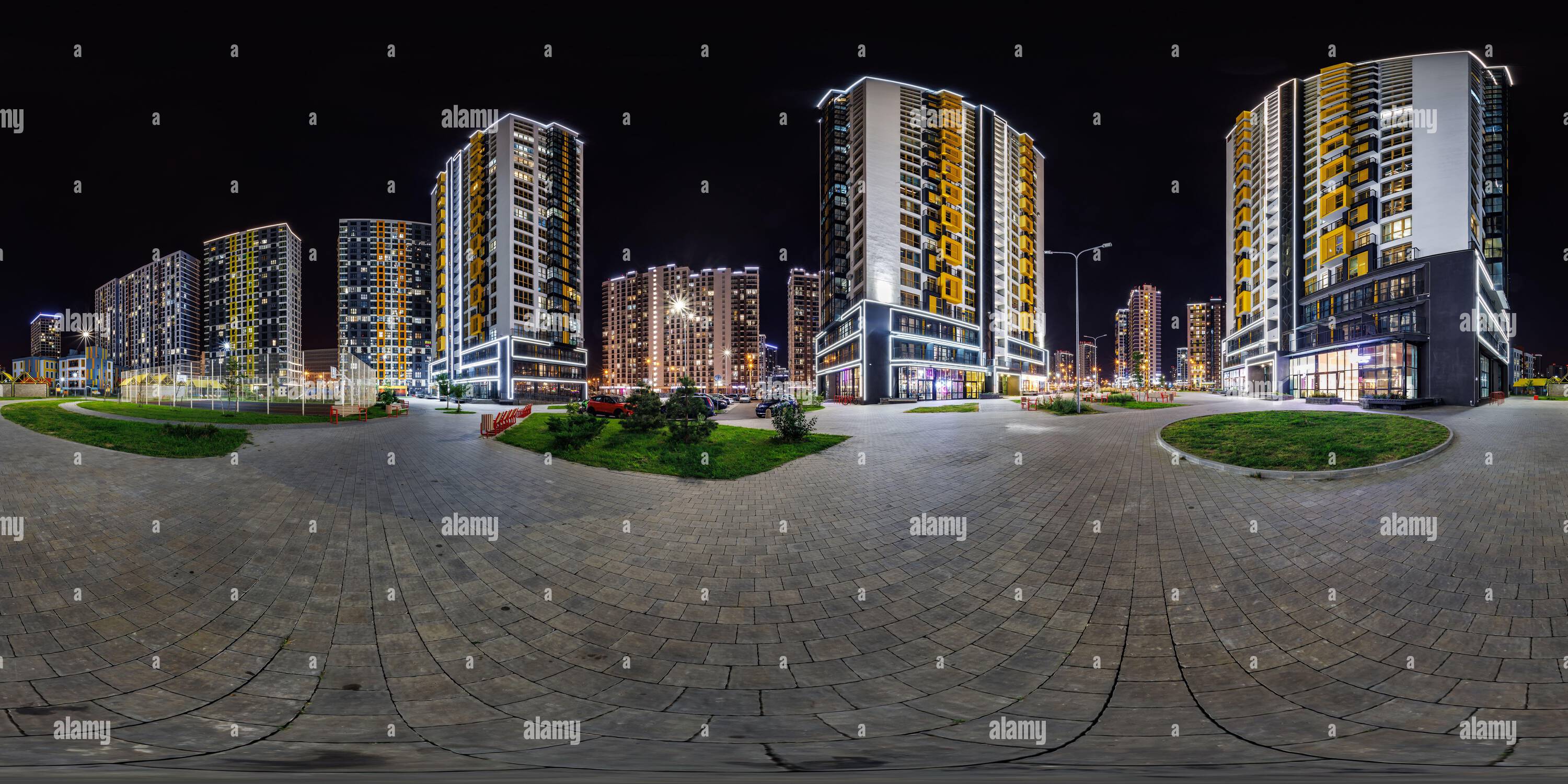 360° view of night panorama 360 near skyscraper multistory buildings ...