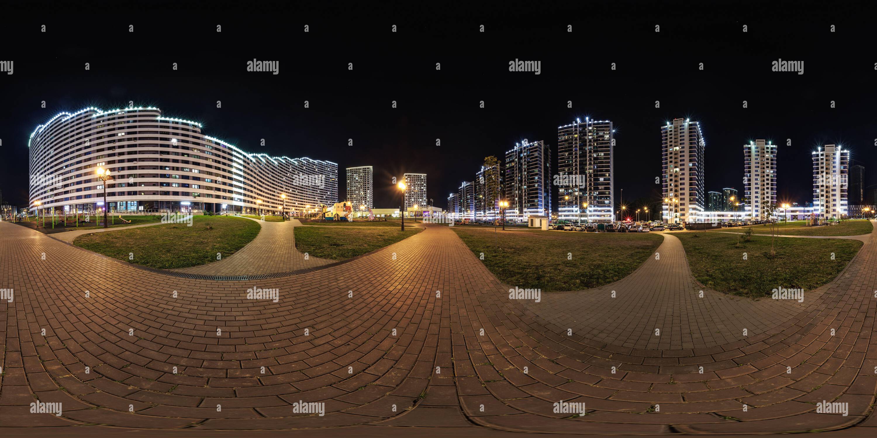 360° view of night panorama 360 near skyscraper multistory buildings ...