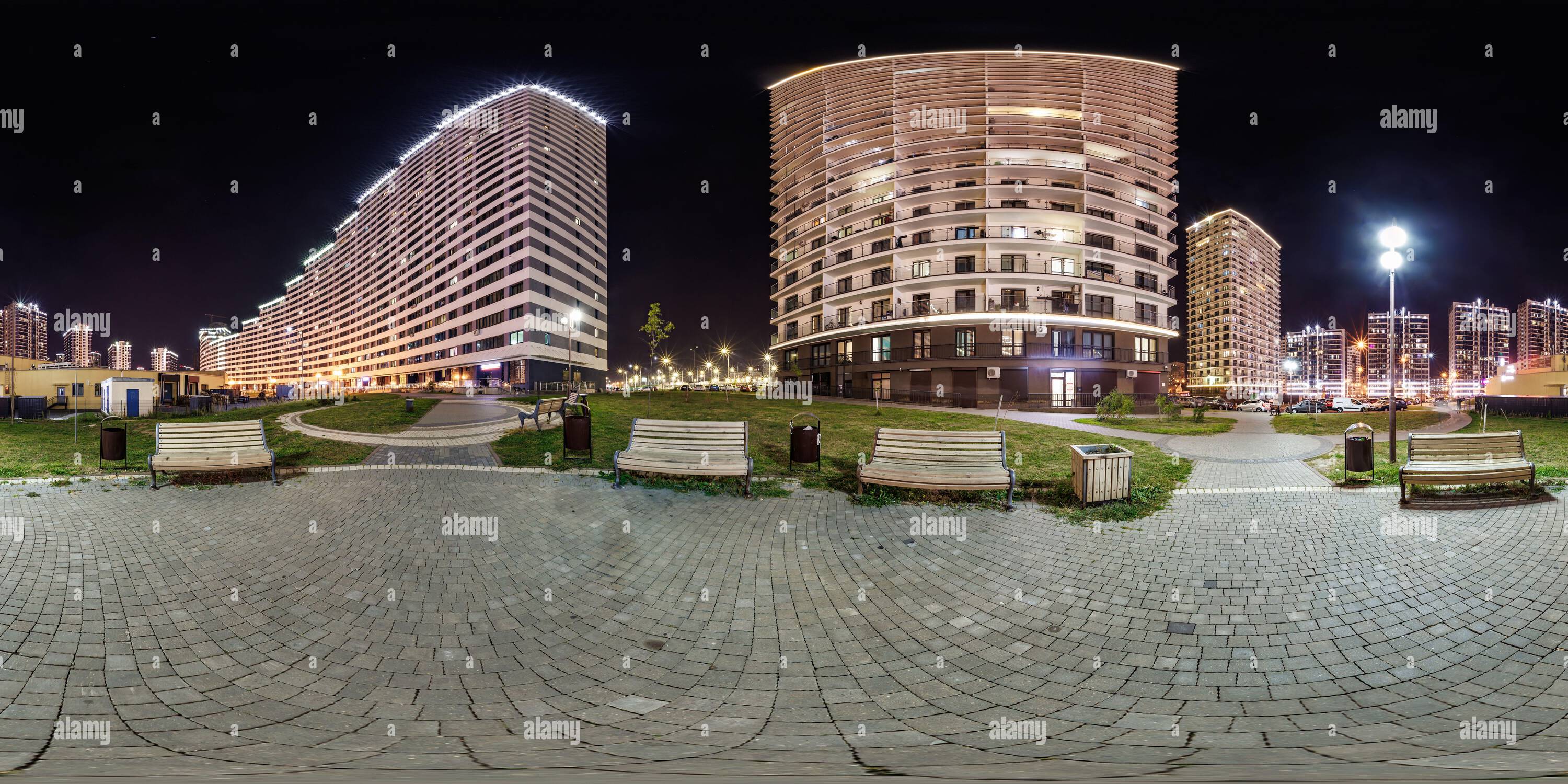 360° view of night panorama 360 near skyscraper multistory buildings ...
