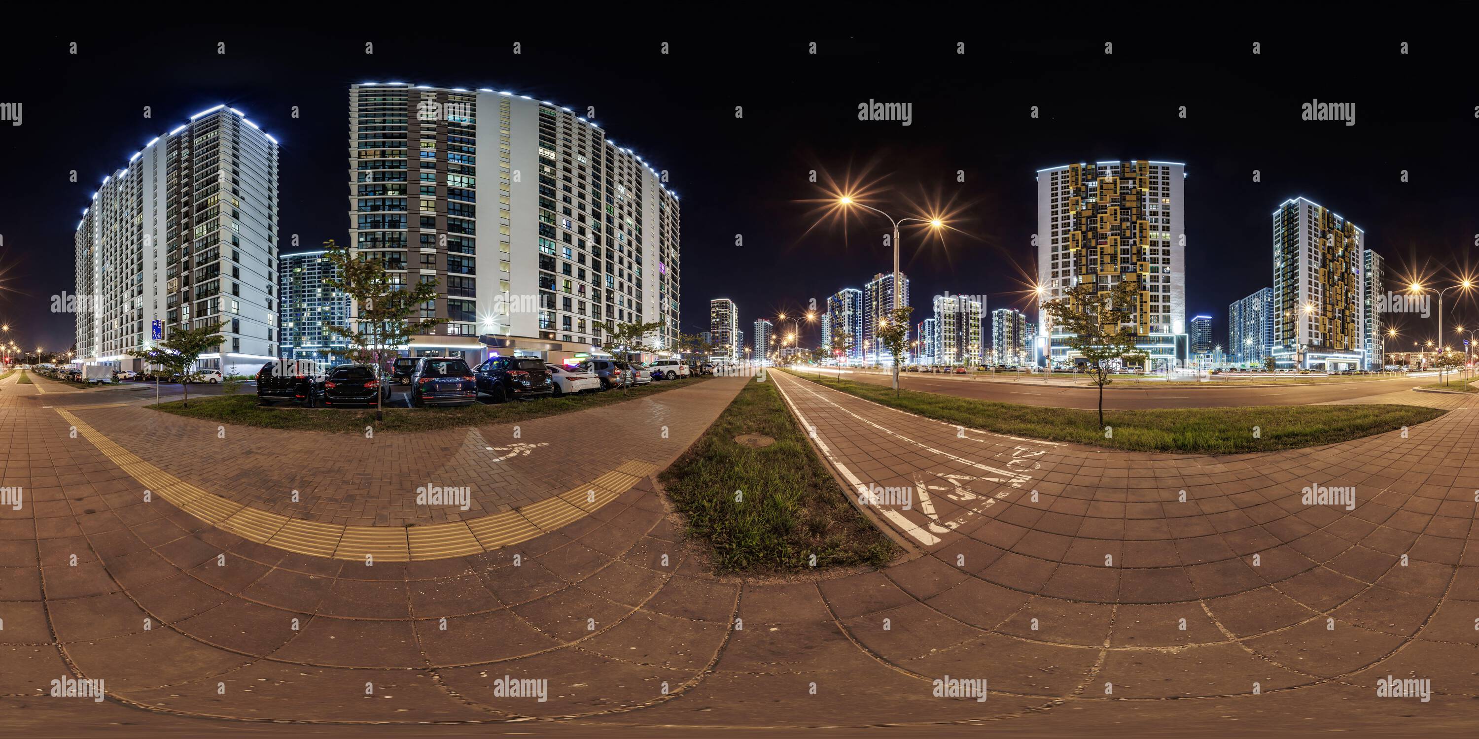 360° view of night panorama 360 near skyscraper multistory buildings ...