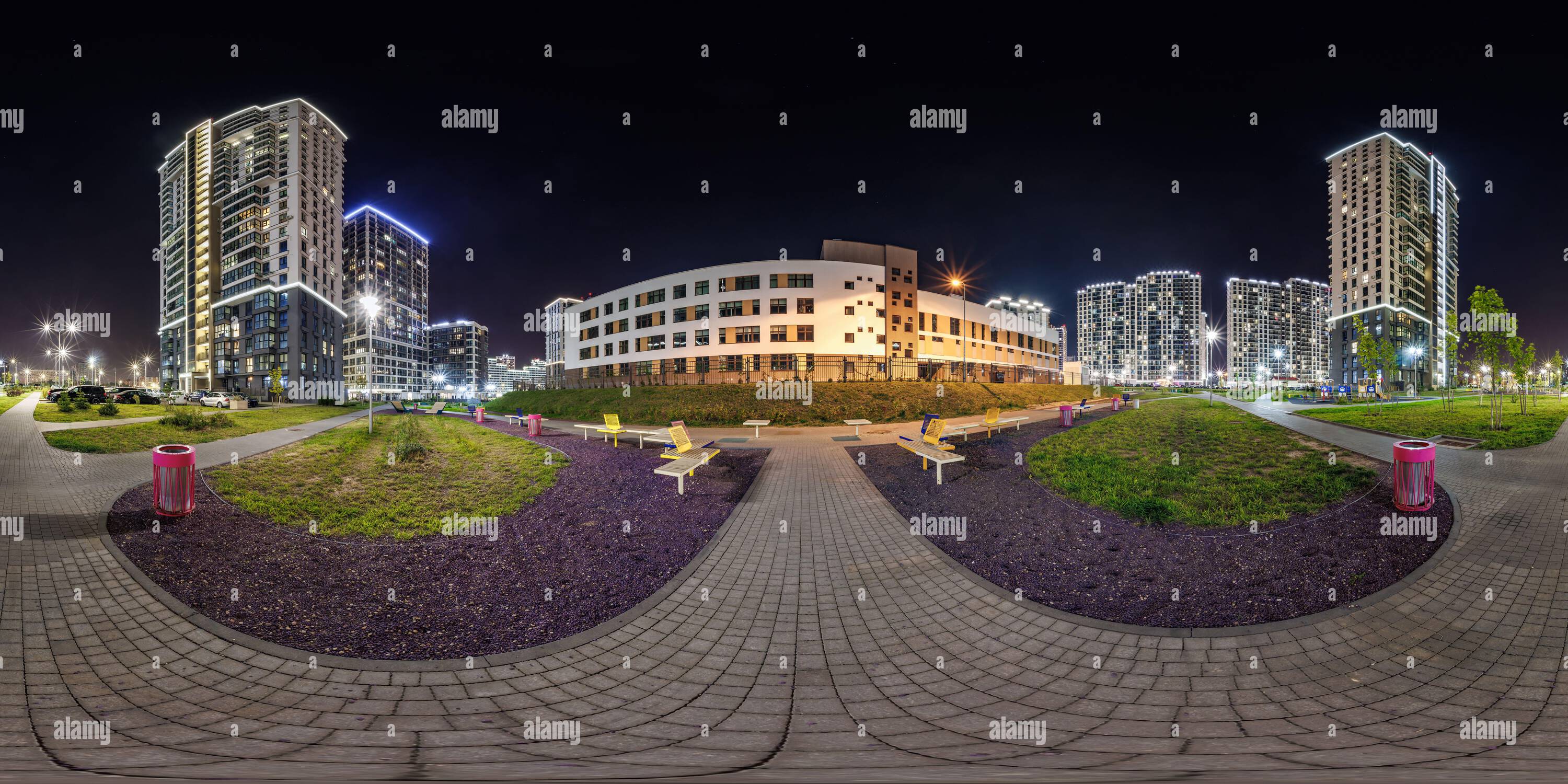 360° view of night panorama 360 near skyscraper multistory buildings ...
