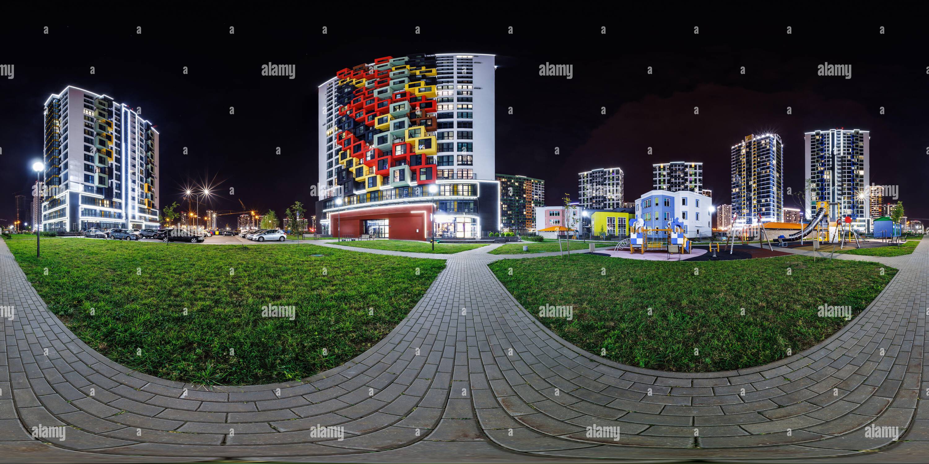 360° view of night panorama 360 near skyscraper multistory buildings ...