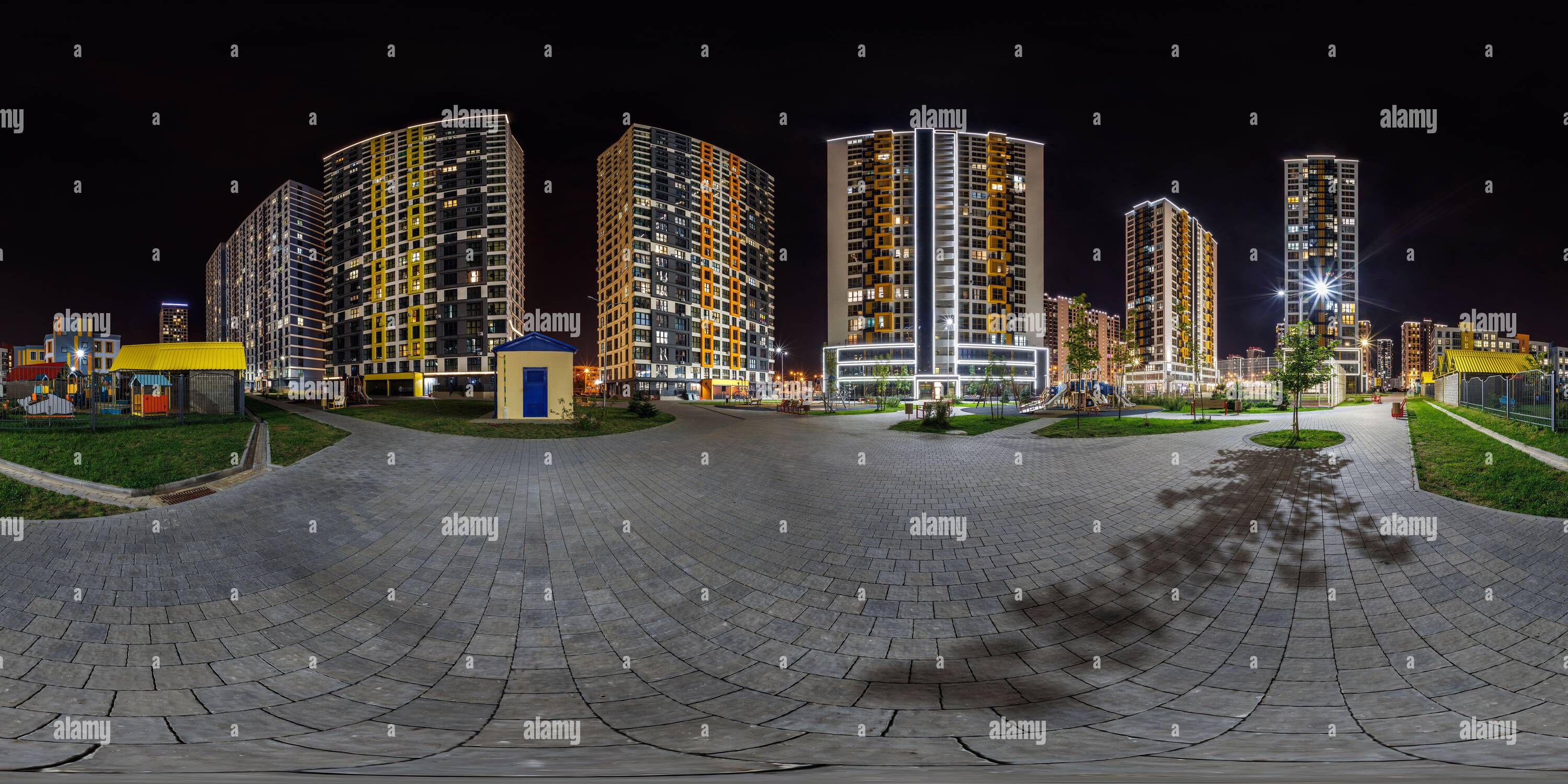 360° view of night panorama 360 near skyscraper multistory buildings ...