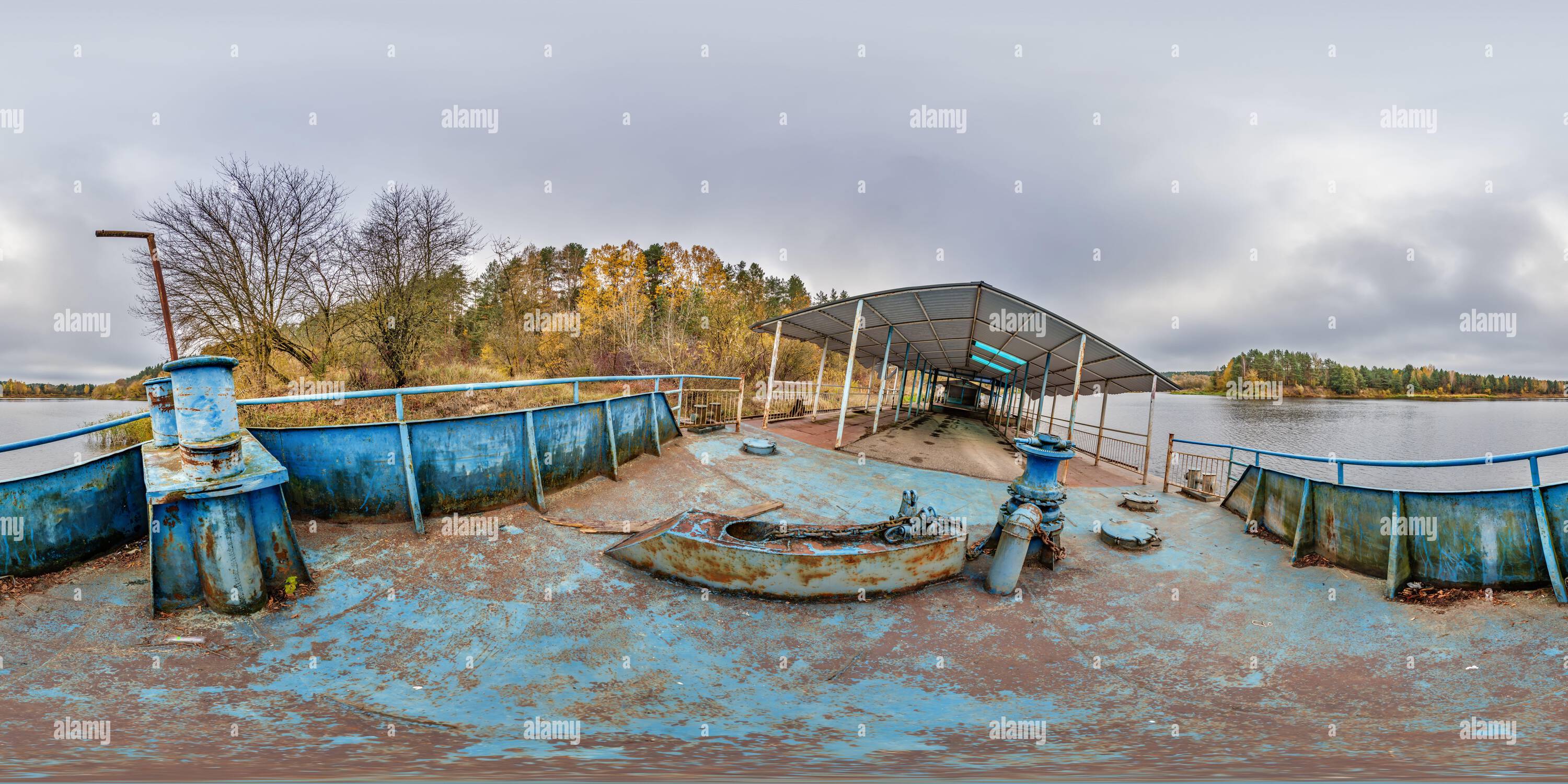360° view of 360 hdri panorama on deck of sunken abandoned landing ...