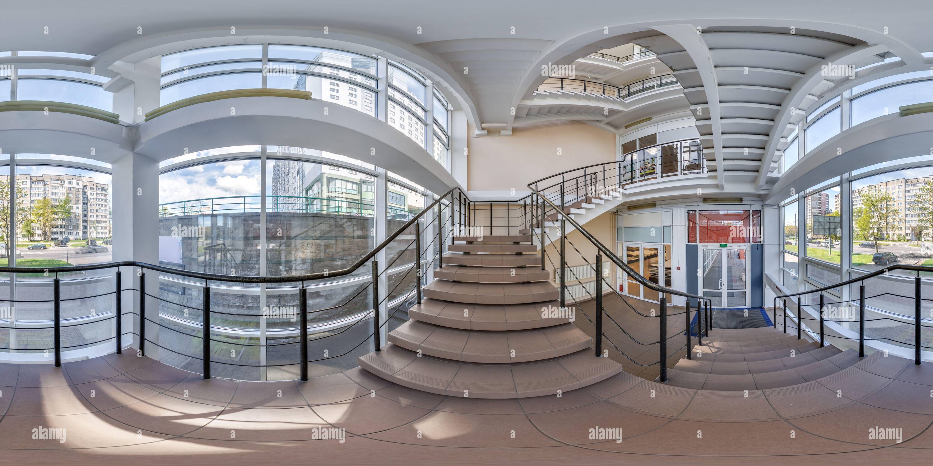 360° view of hdri 360 panorama view in empty modern hall with staircase ...