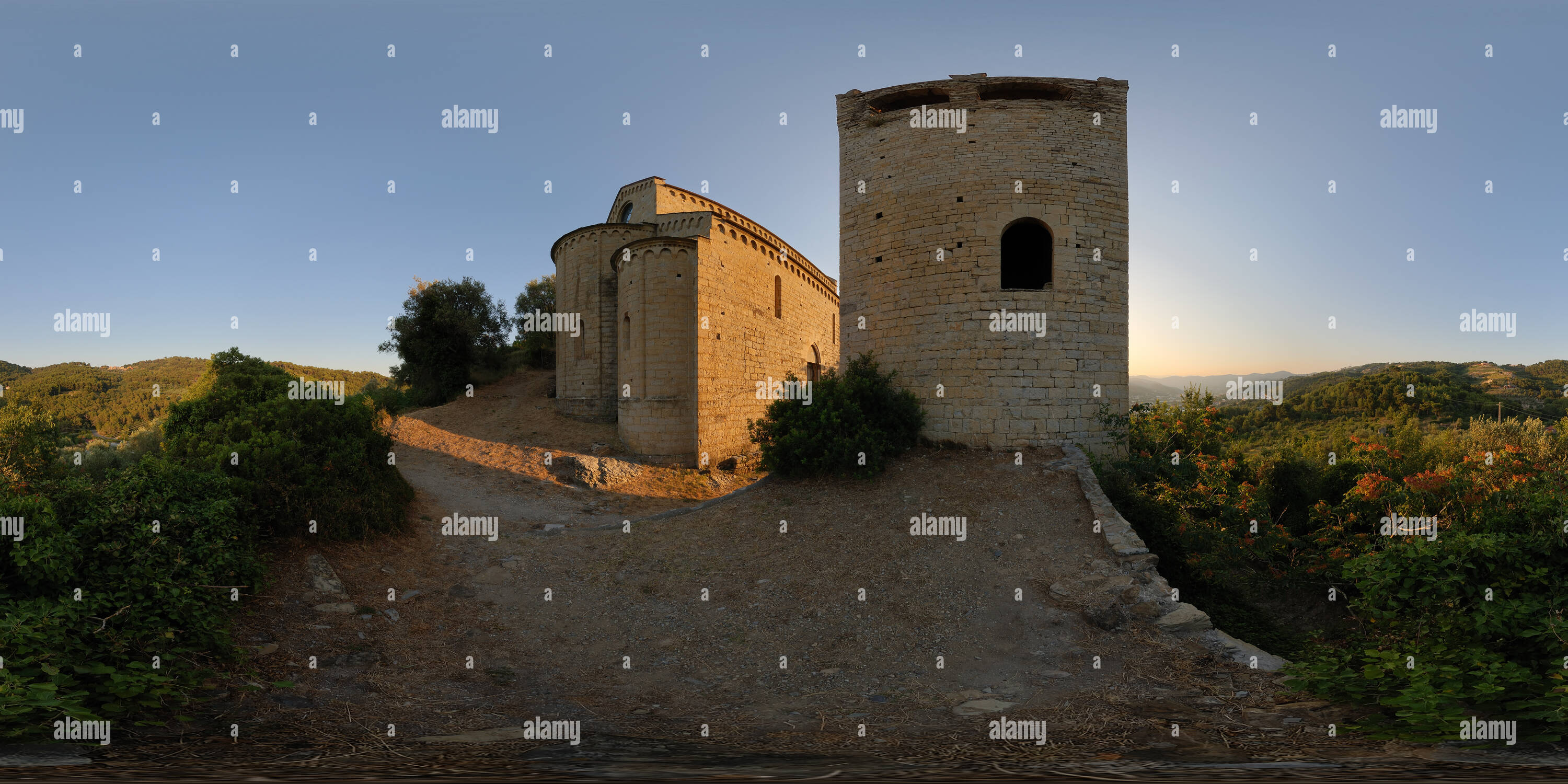 360° view of Andora Castello, St. James and St. Philip church and ...