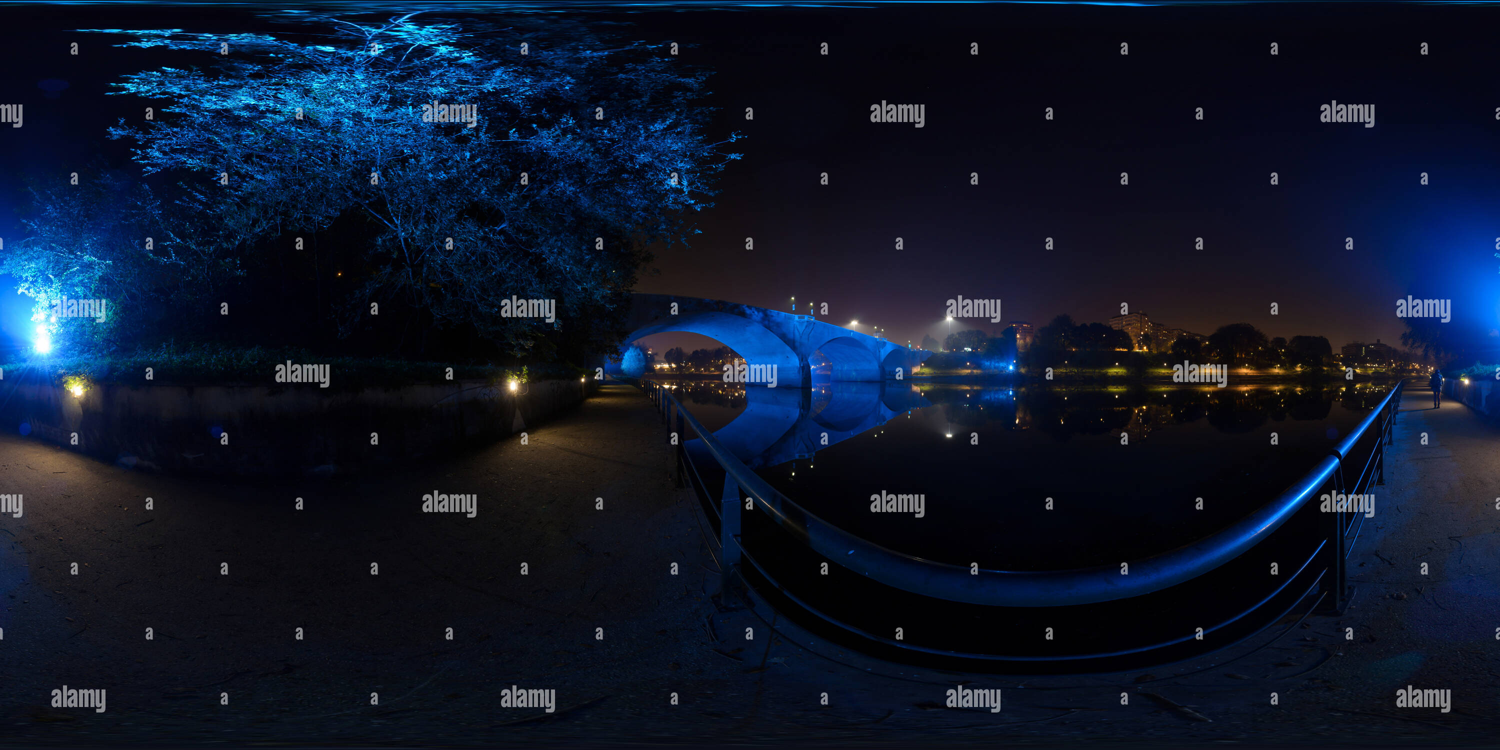 360° view of Franco Balbis Bridge at night, cyan lights - Alamy