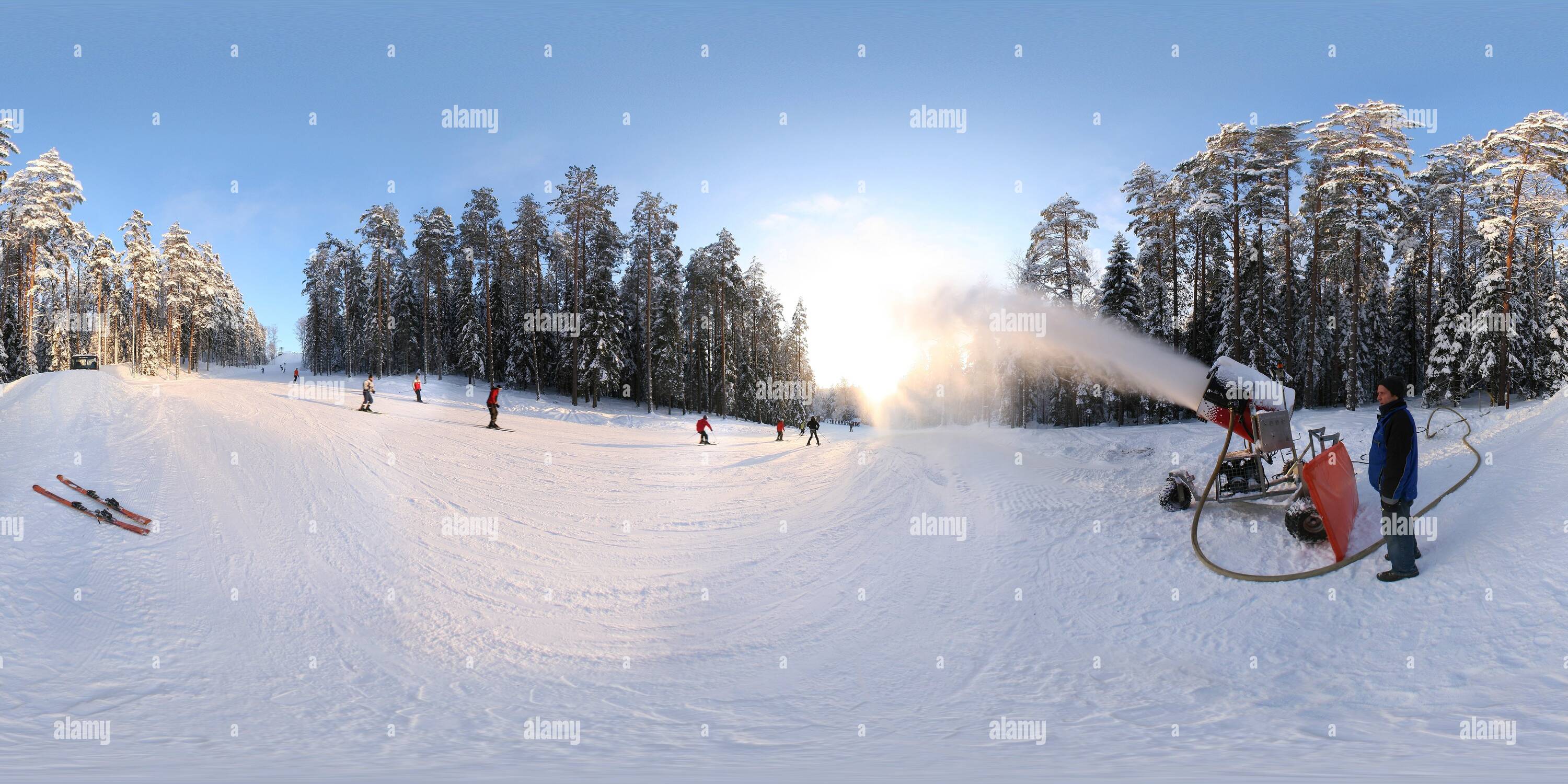 360° view of Snow machine at work, Riekstukalns skiing resort, Latvia ...