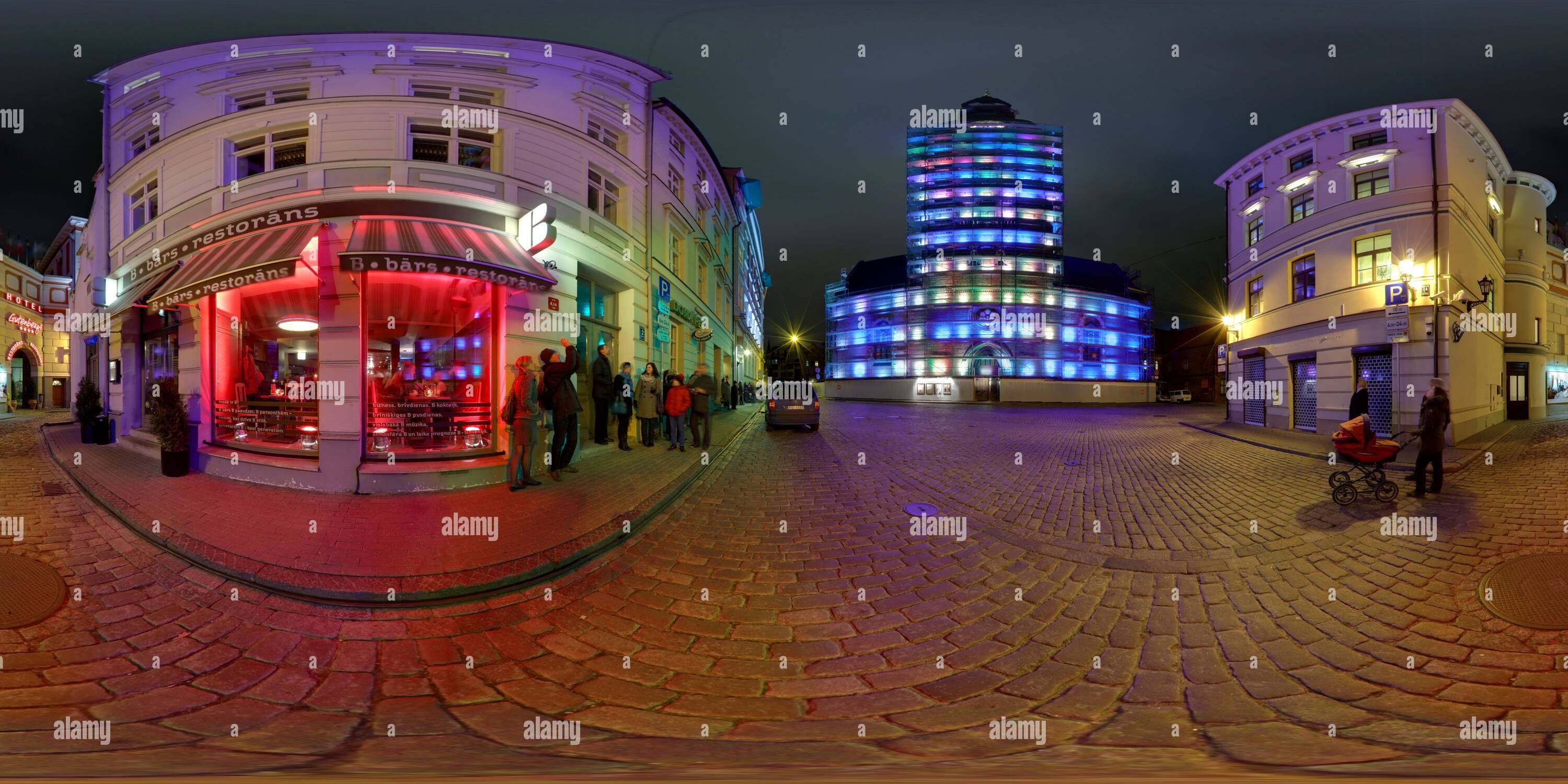 360° view of Illuminated Riga Dome Cathedral at the light festival ...