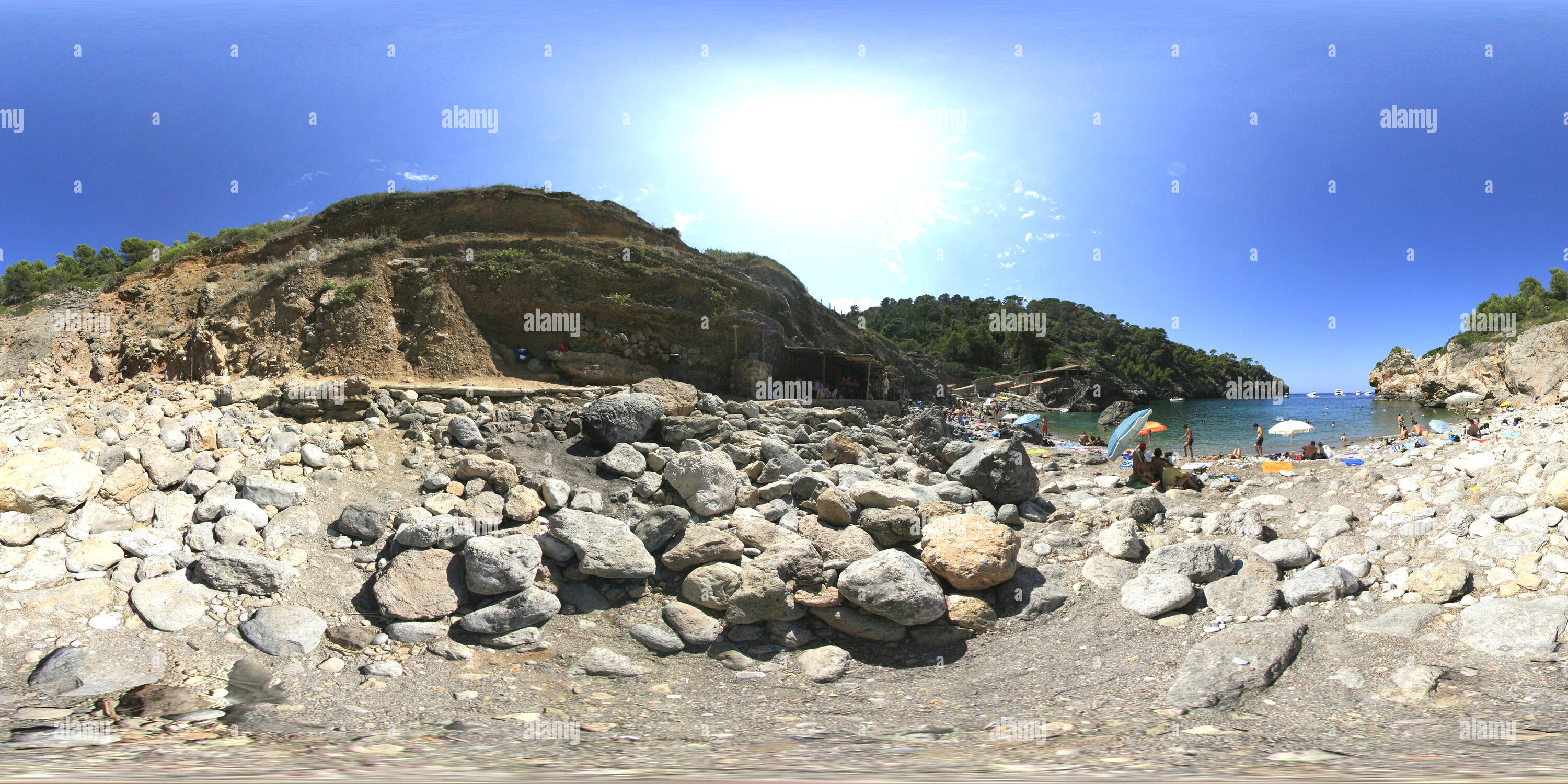 360° view of Deya Beach With Restaurant And Anchored Yachts - Alamy
