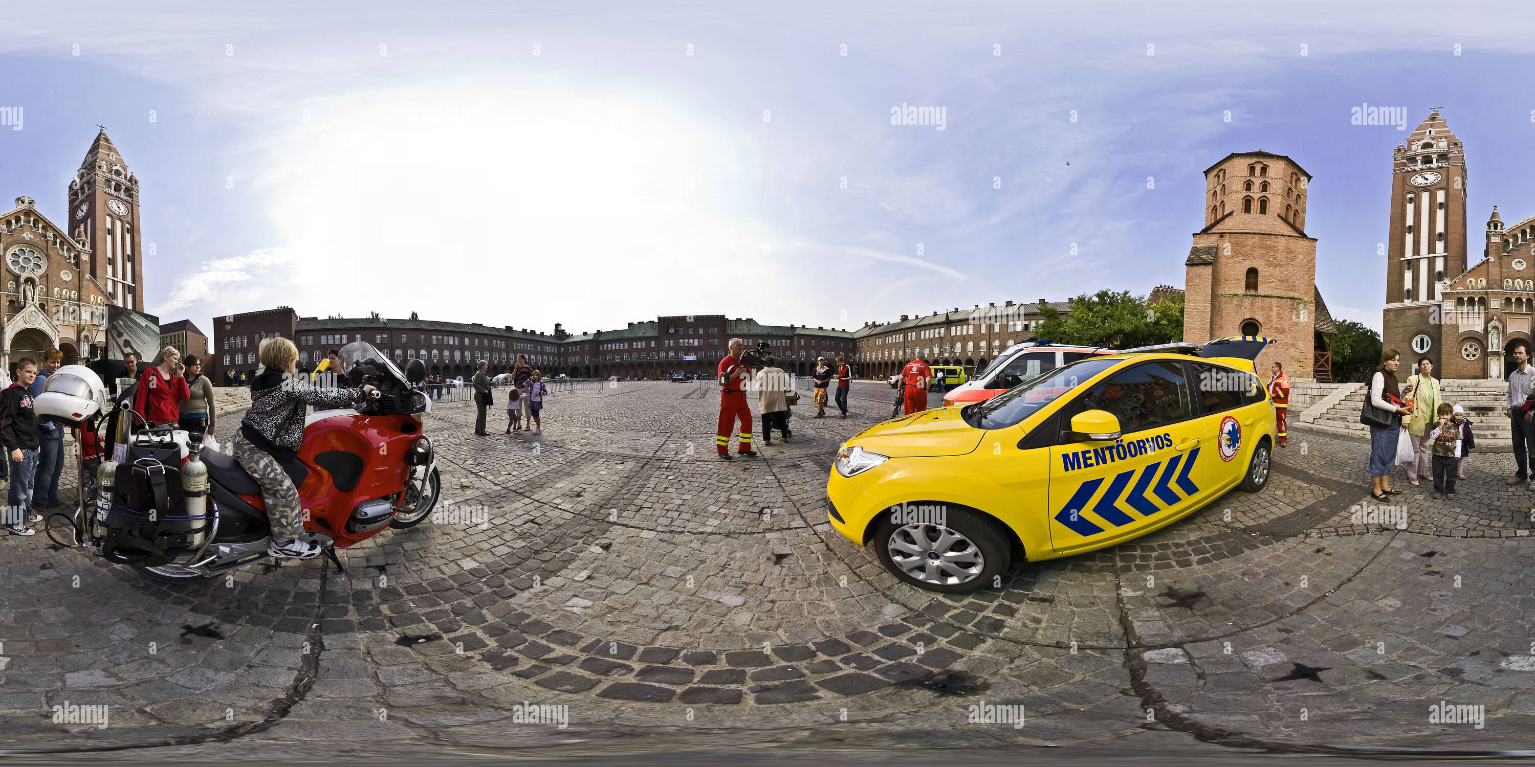 360° view of Emergency Day - fast intervening fireman motorcycle and ...