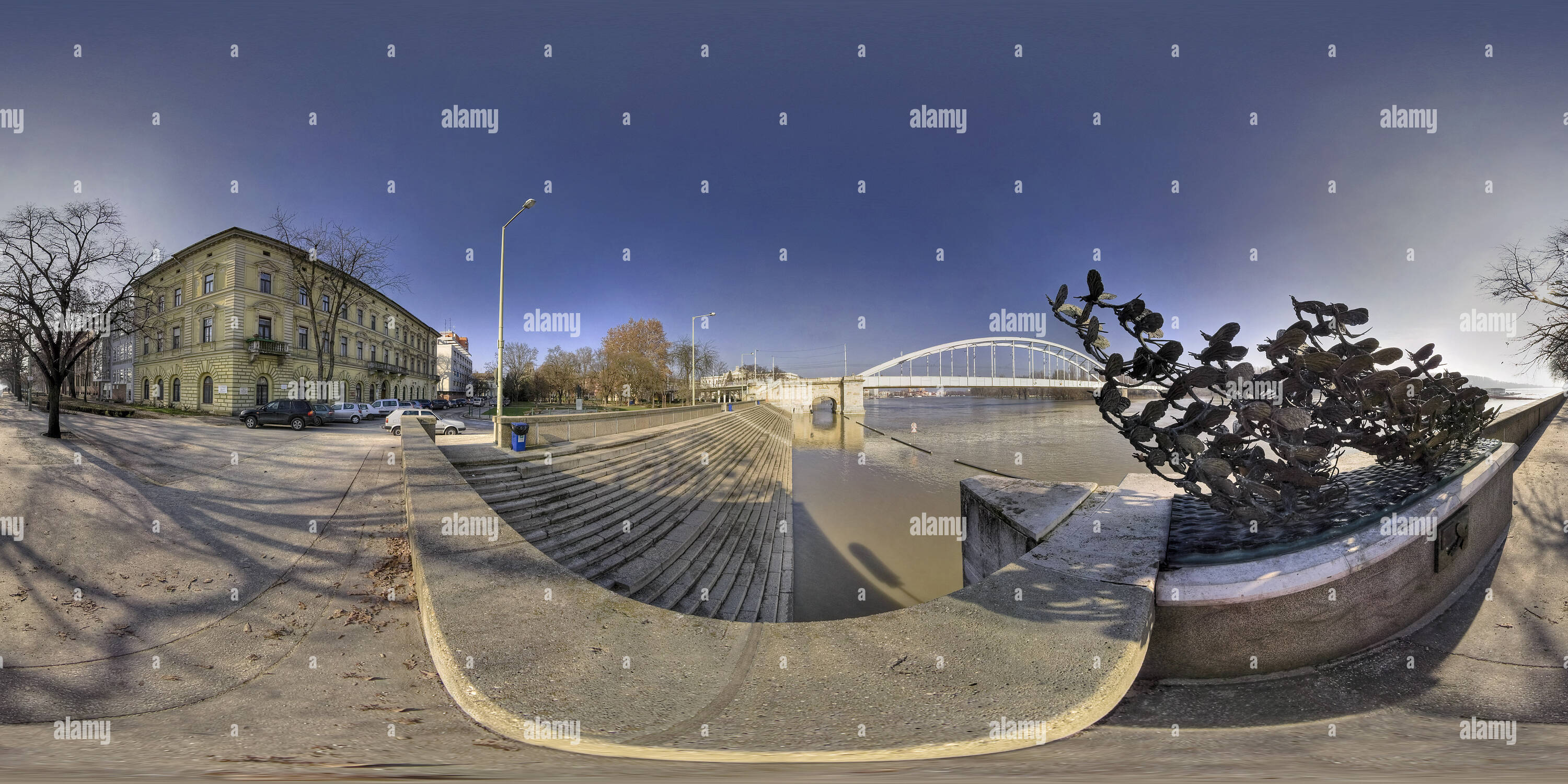 360° view of Tisza downtown bridge - flood and Mayfly sculpture - Alamy
