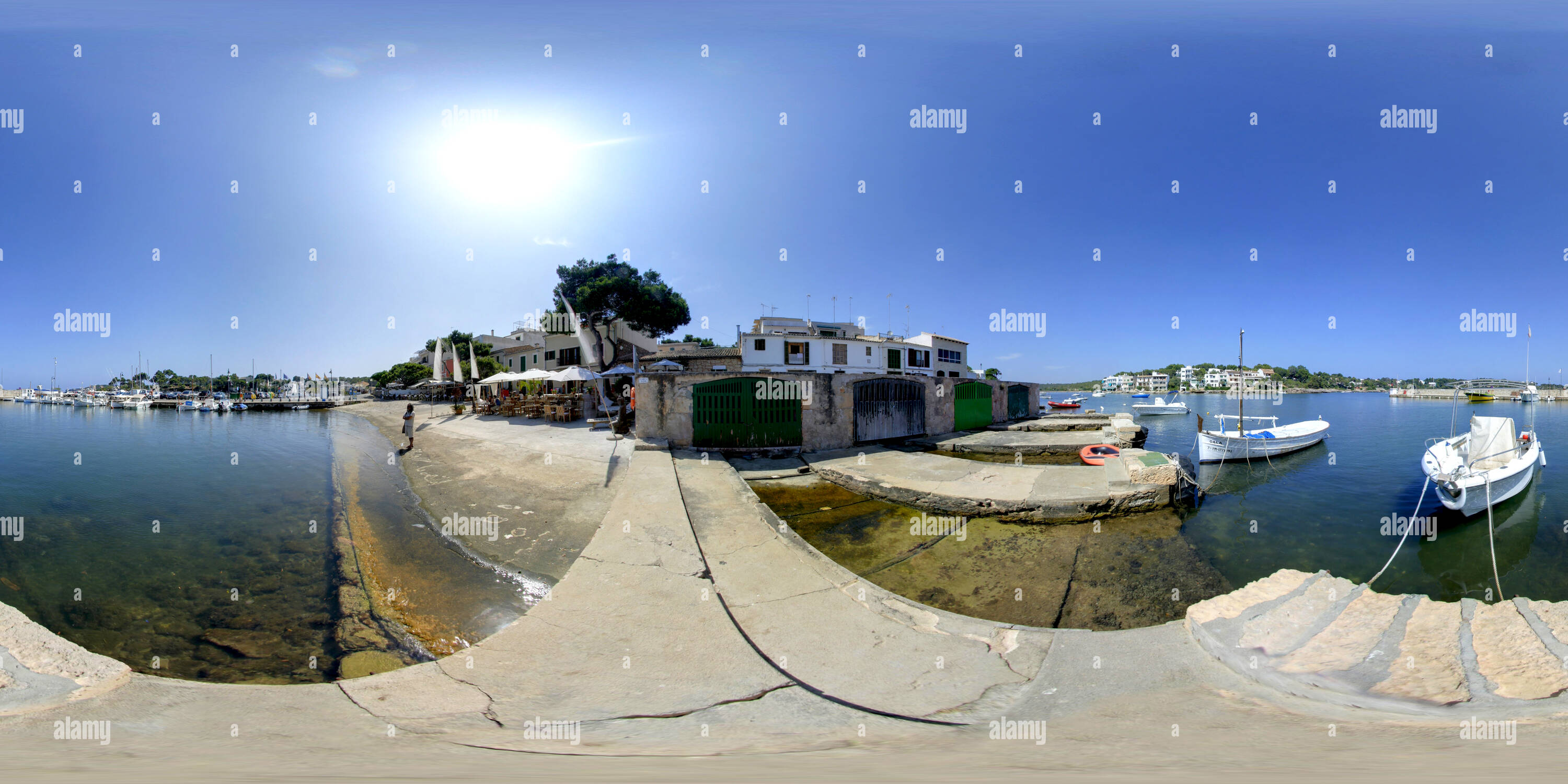 360° view of Boathouses in Porto Petro majorca - Alamy