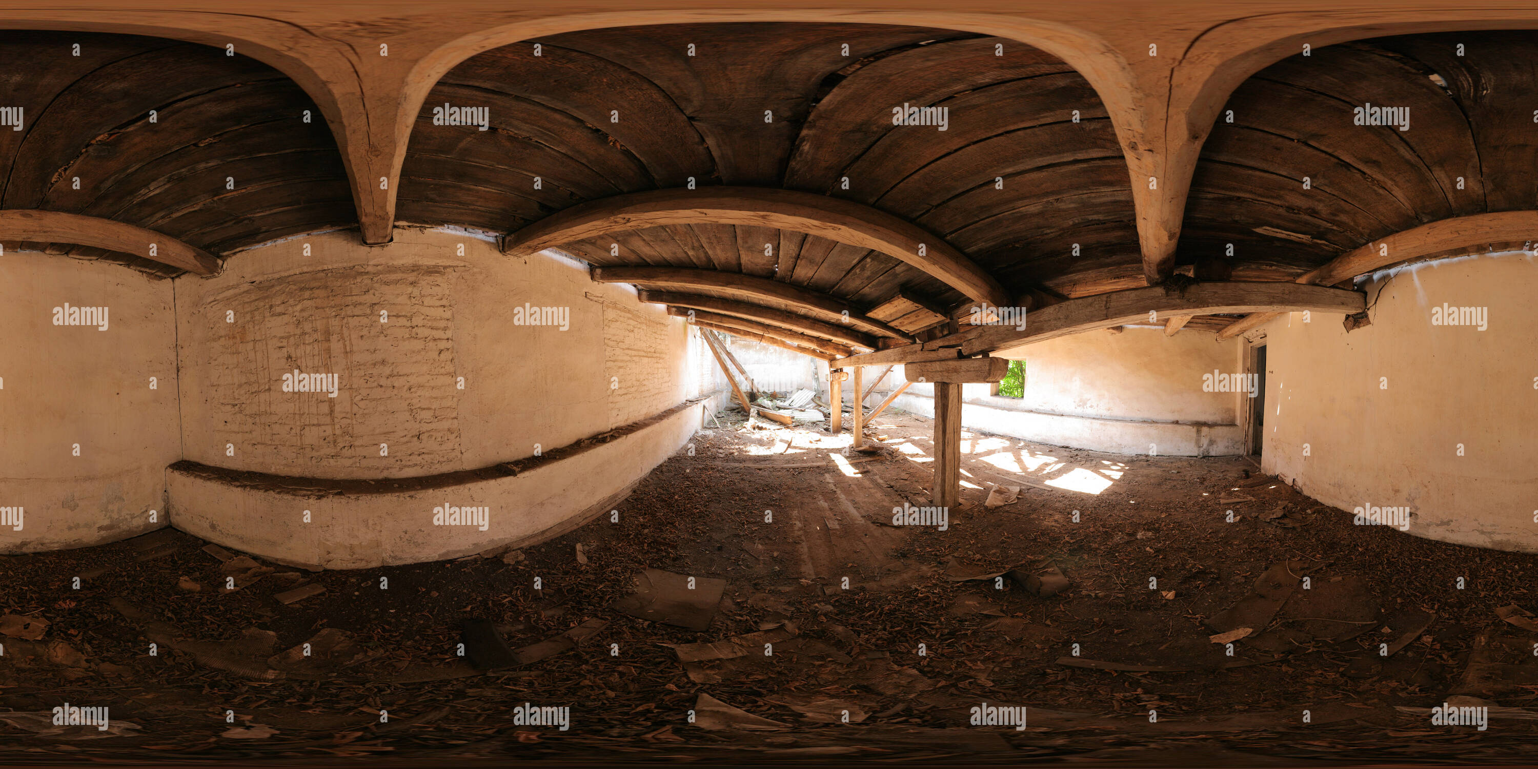 360° view of Inside an abandoned old building near the isolated ...
