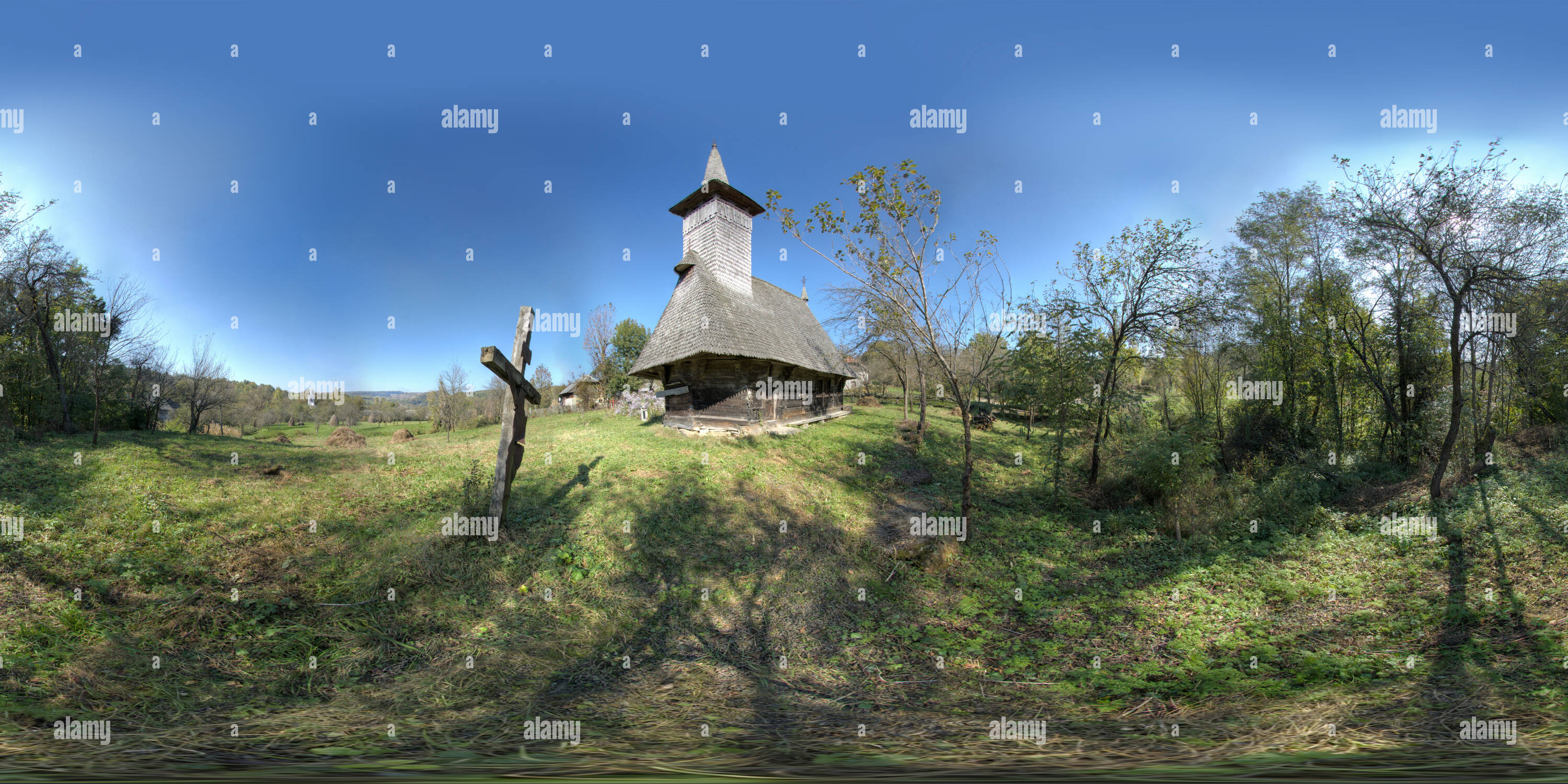 360° view of „St. Archangels” Wooden Church (1700), Vima Mica, Romania ...