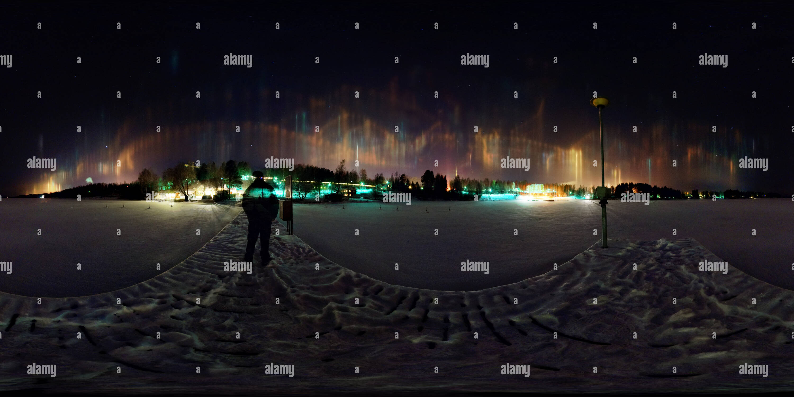 360° view of Artificial light pillars in night sky - Alamy