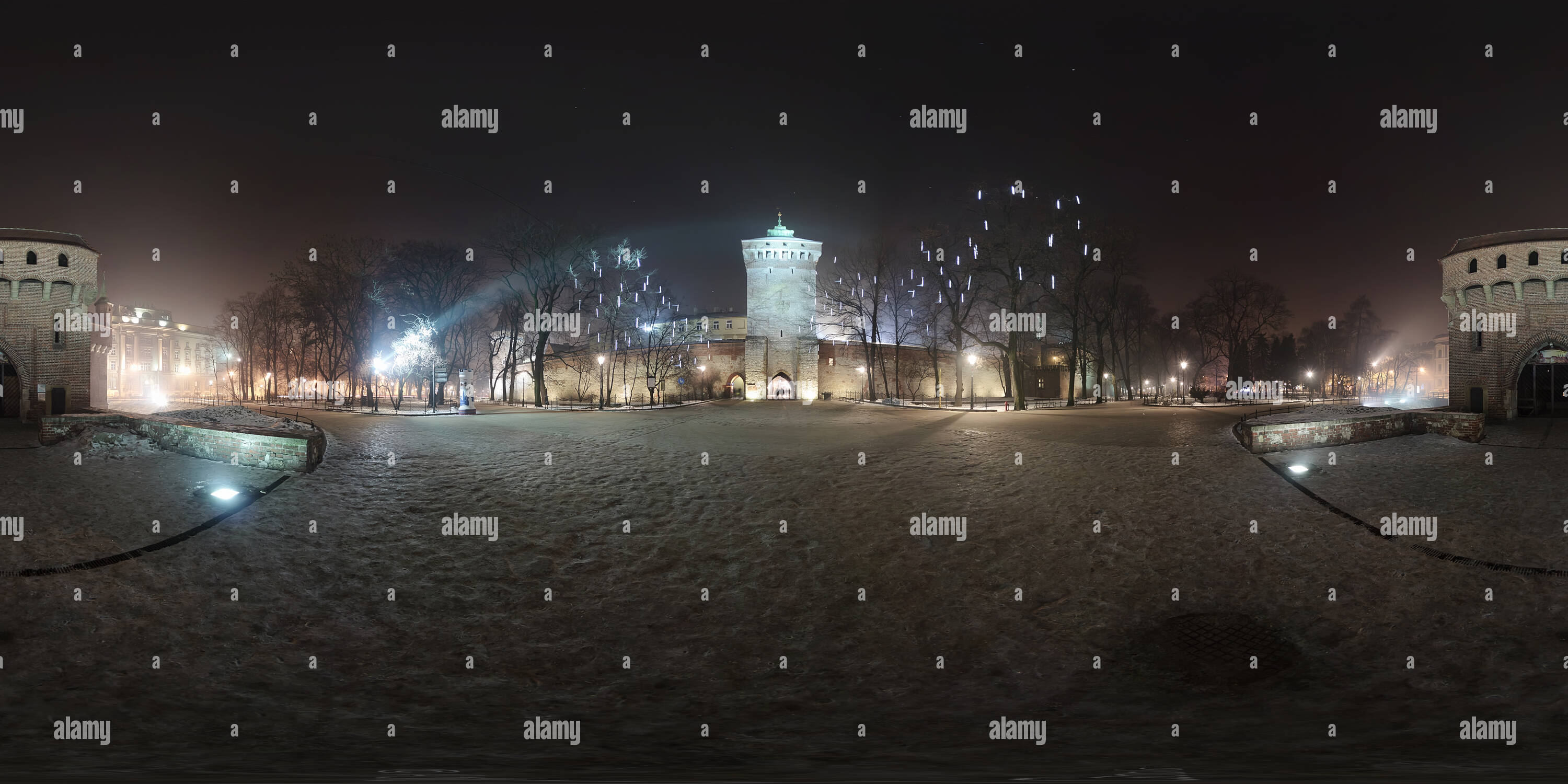 360° view of Cracow - Florianska Gate and Barbican - night tour - Alamy
