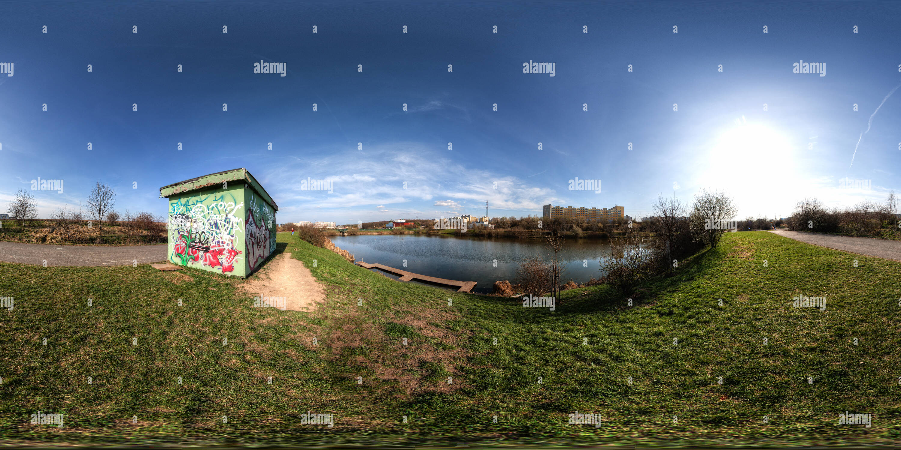 360° view of cube house near fishpond - Alamy