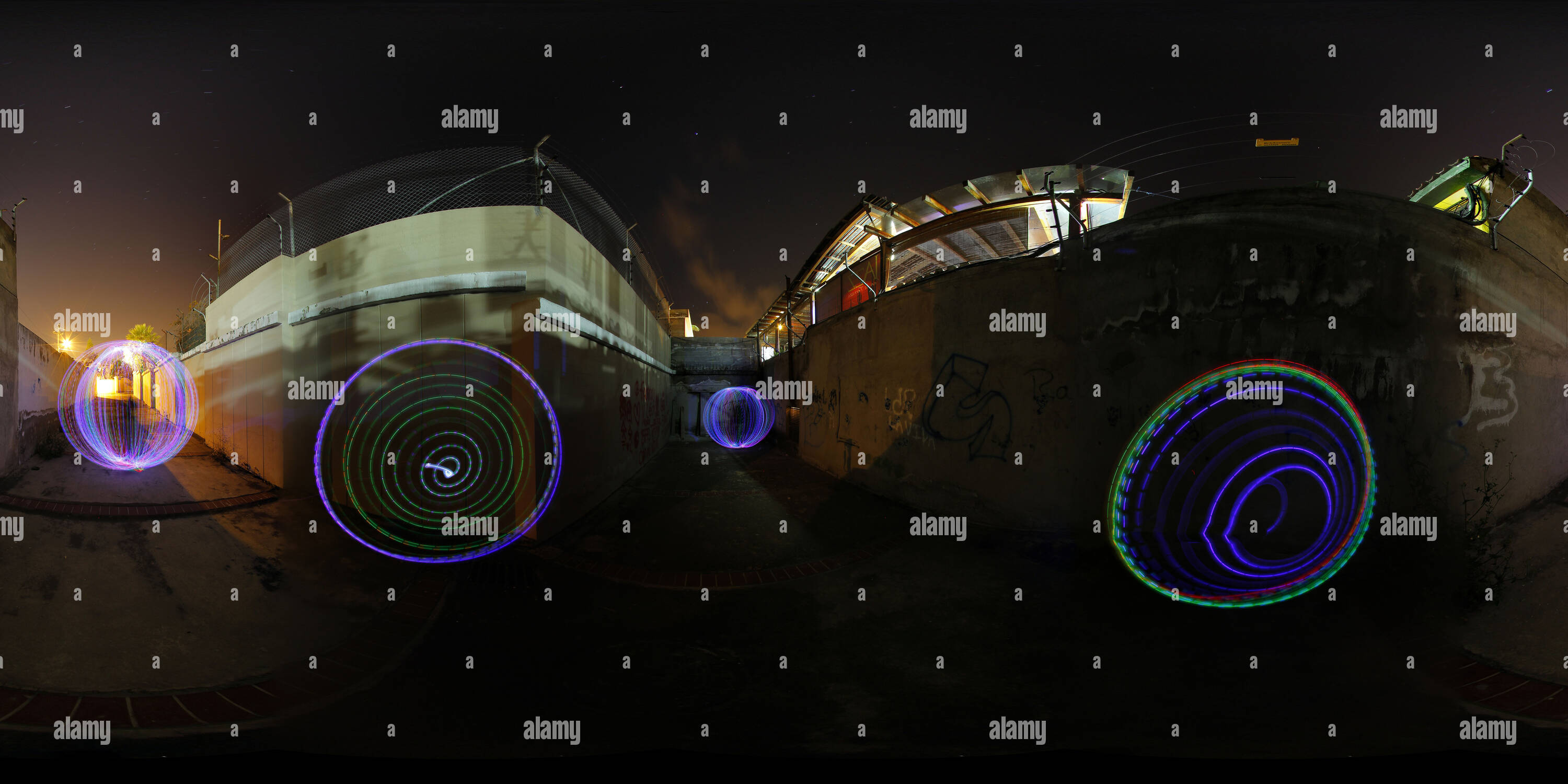 360° view of Light sphere and spiral graffiti panorama - Alamy