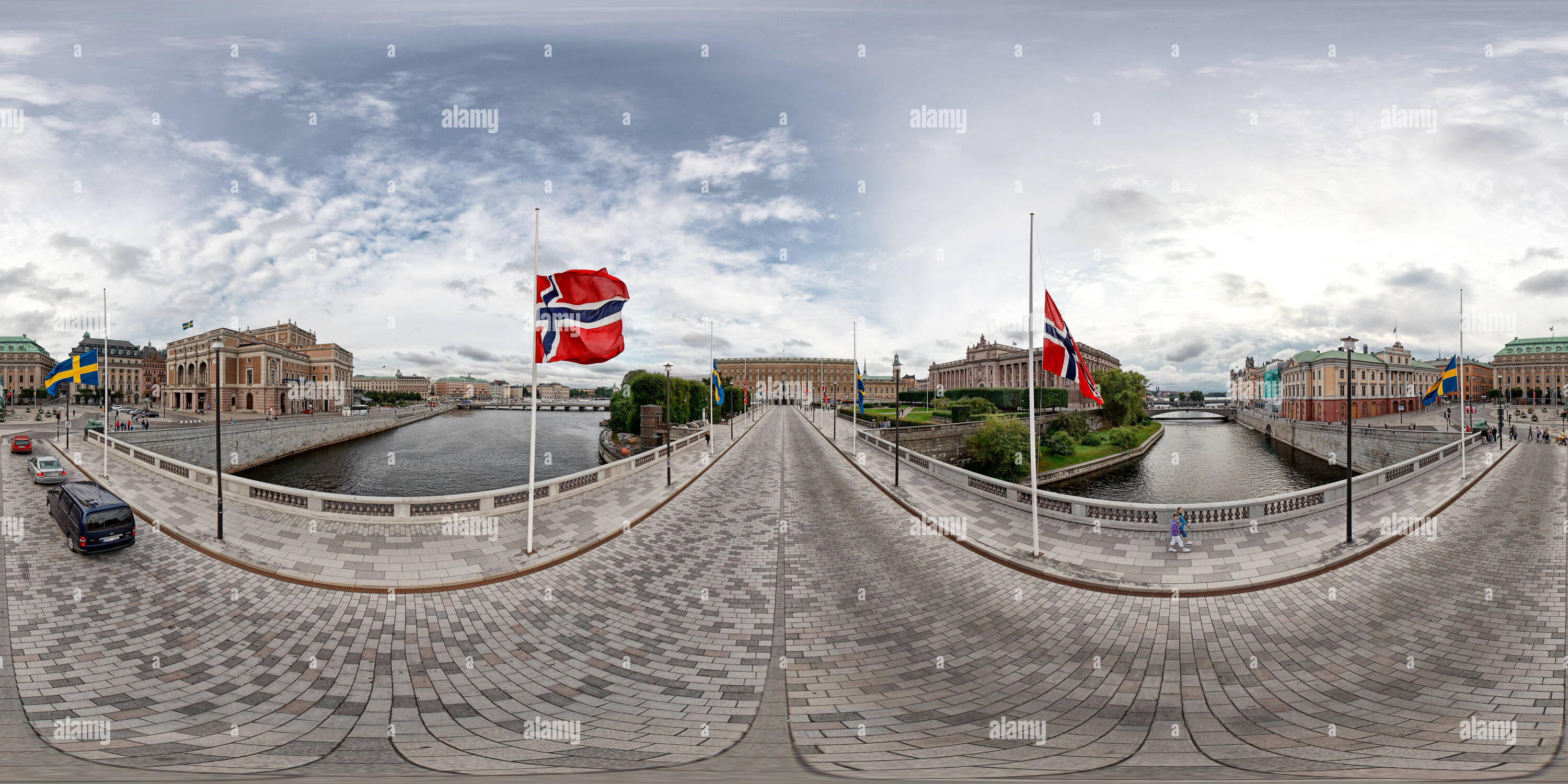 360° view of Norrbro in Stockholm – Flags of Sweden and Norway flying ...