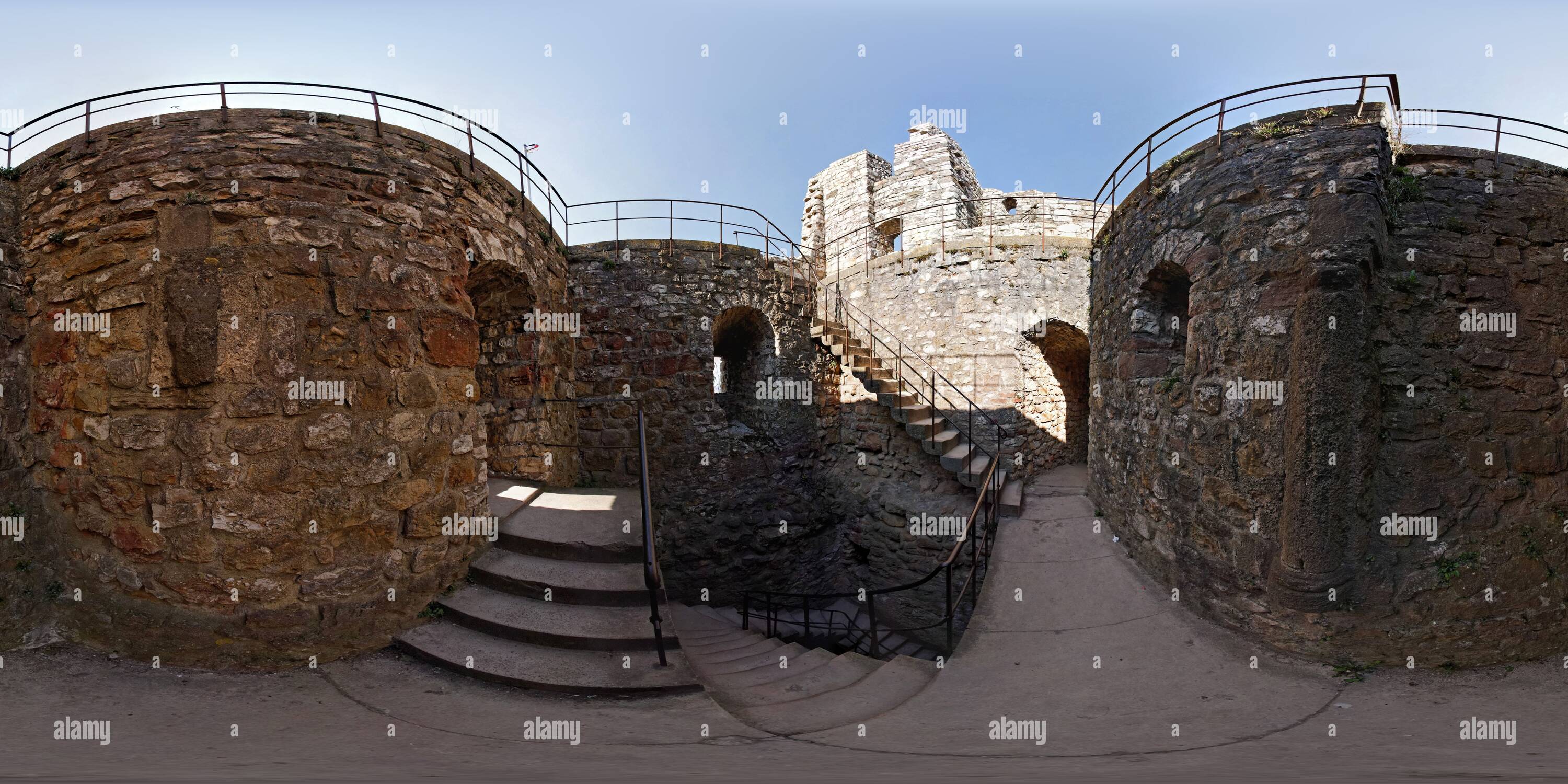 360° view of Climbing up the Stairs of the Keep of the Castle Ruins of ...