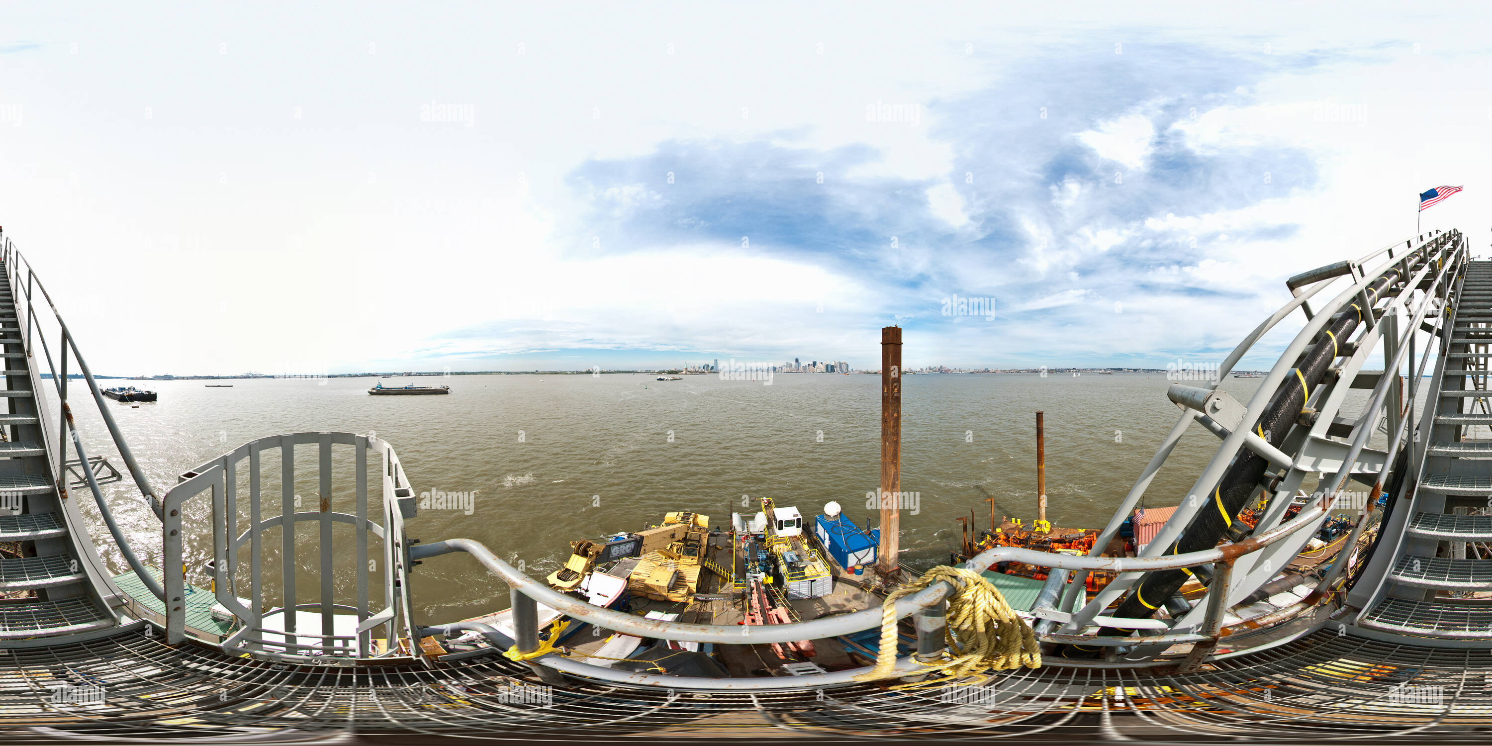 360° view of New York Harbor, On top of a cable Barge - Alamy