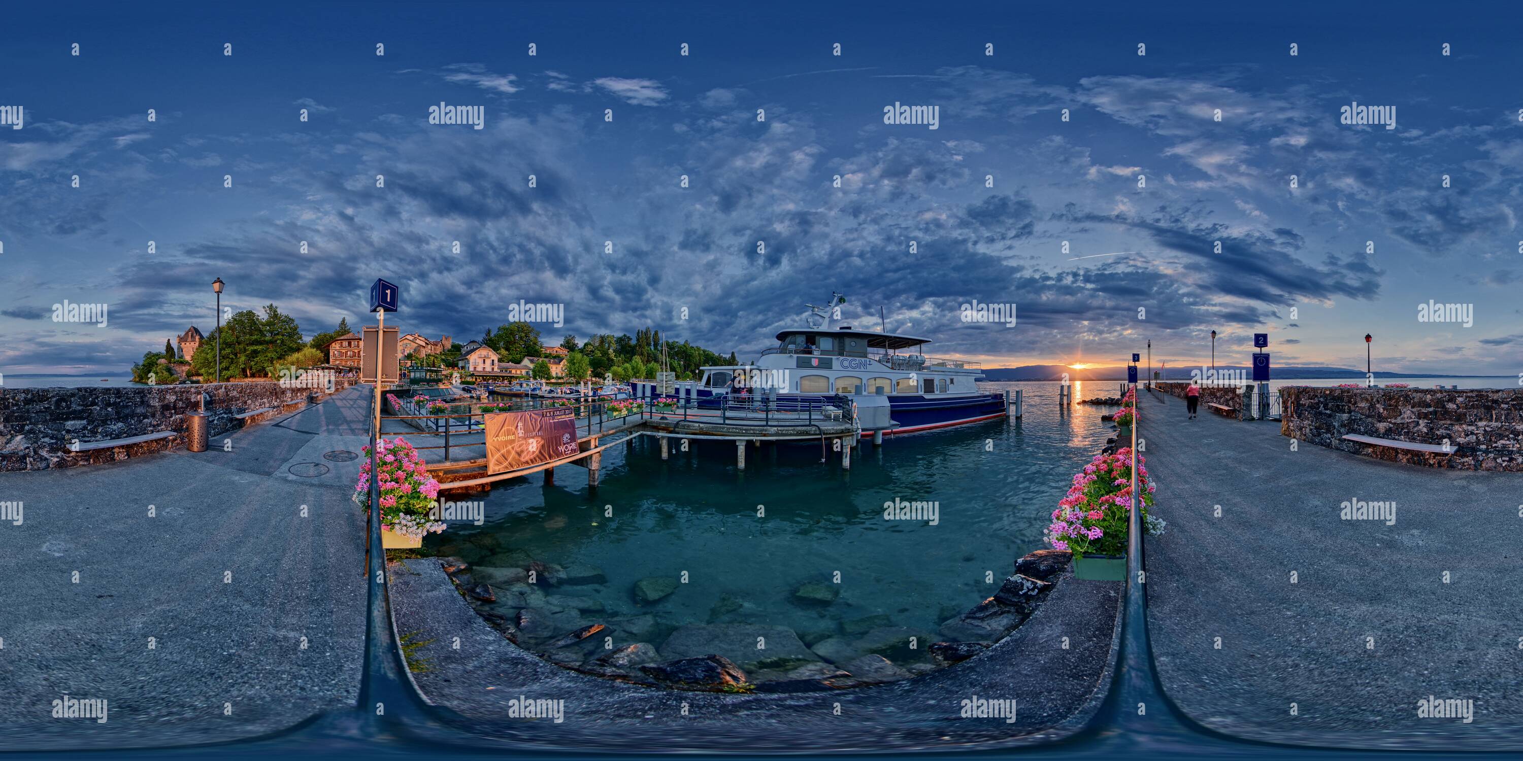 360° view of Yvoire, Port, Sunset 9846 - Alamy