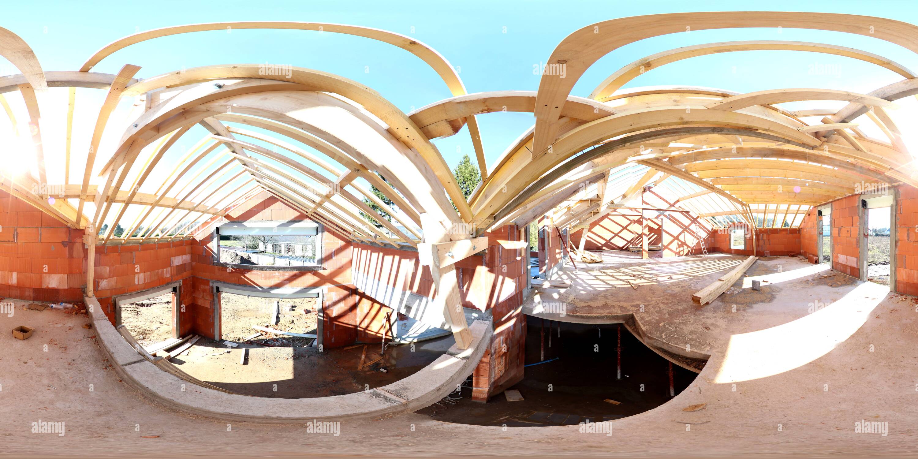 360° view of Building a brick house, view on the frame's dining room ...