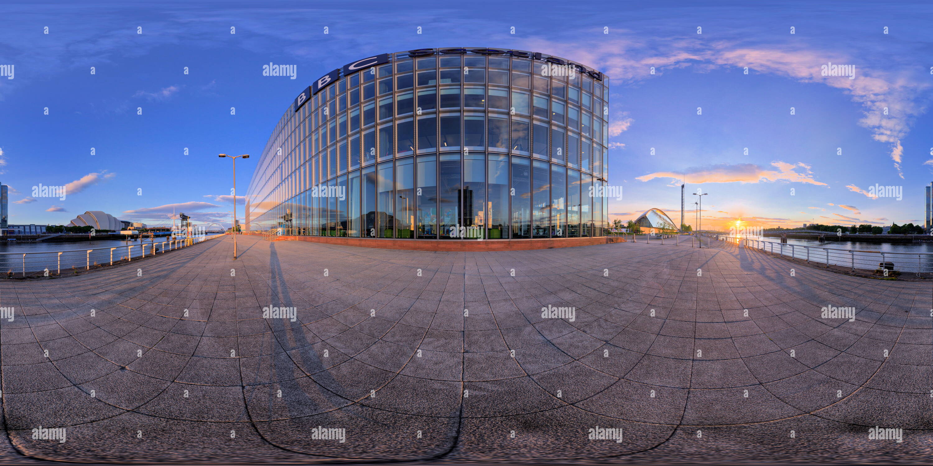 360° view of Sunset on BBC Scotland, Pacific Quay, Glasgow - Alamy