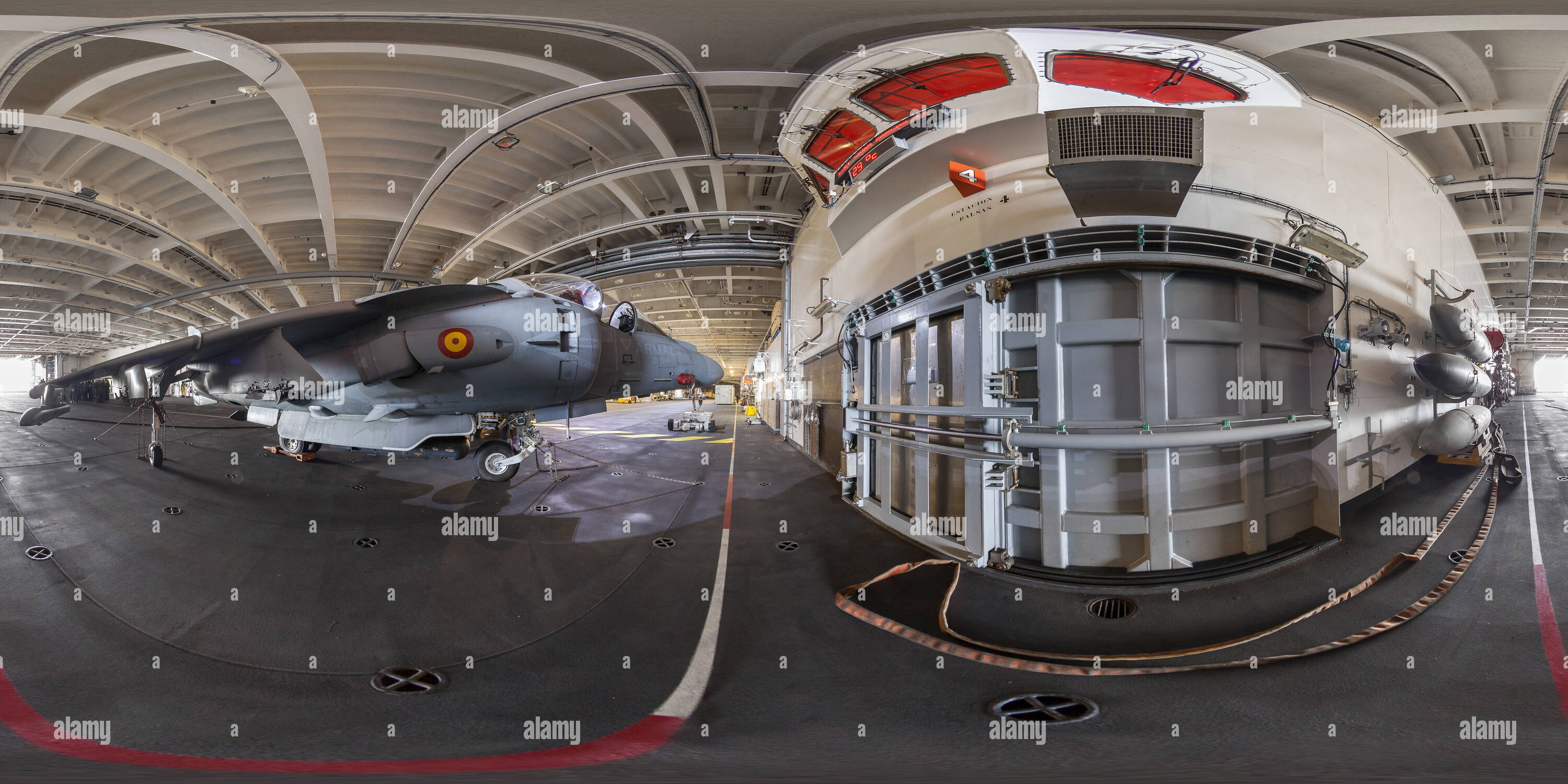 360° view of harrier in the hangar of The spanish amphibious ship ...