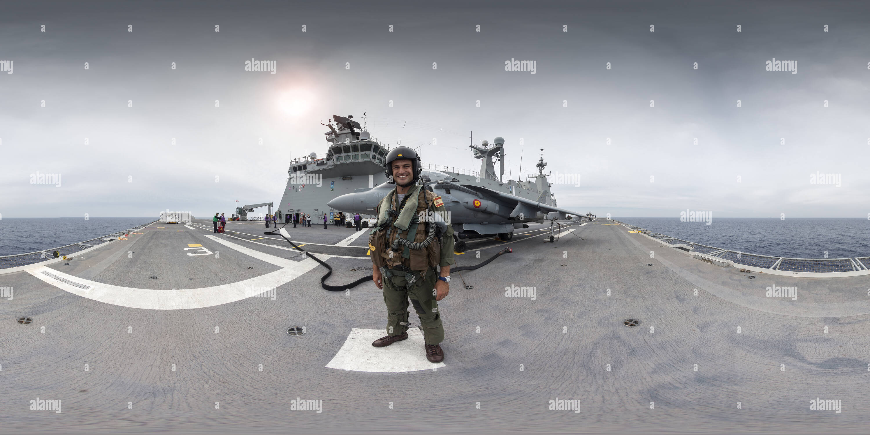 360° view of harrier combat pilot in The spanish amphibious ship ...