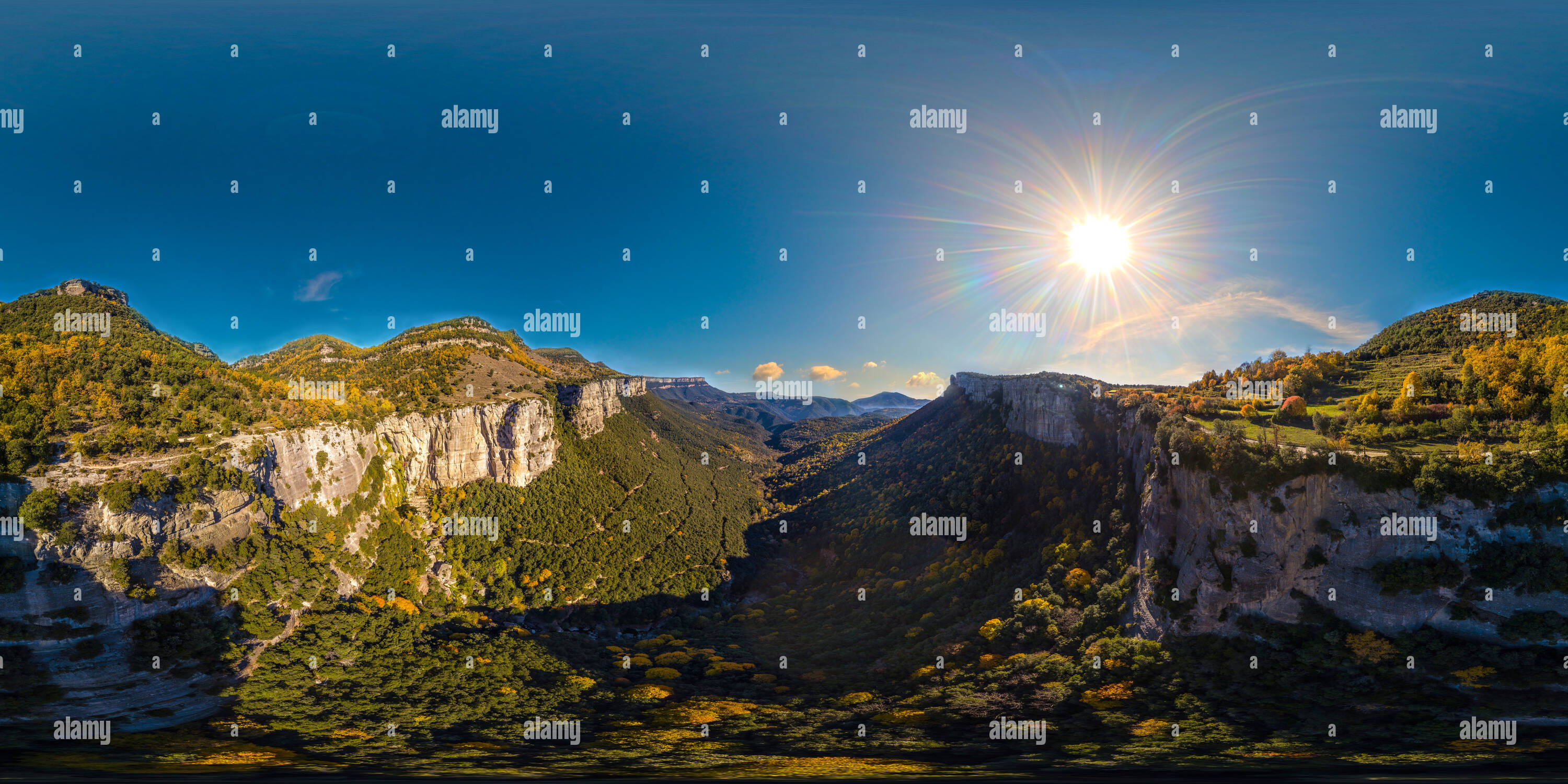 360° view of Sallent waterfall jump. Rupit. Barcelona in view of Dron ...