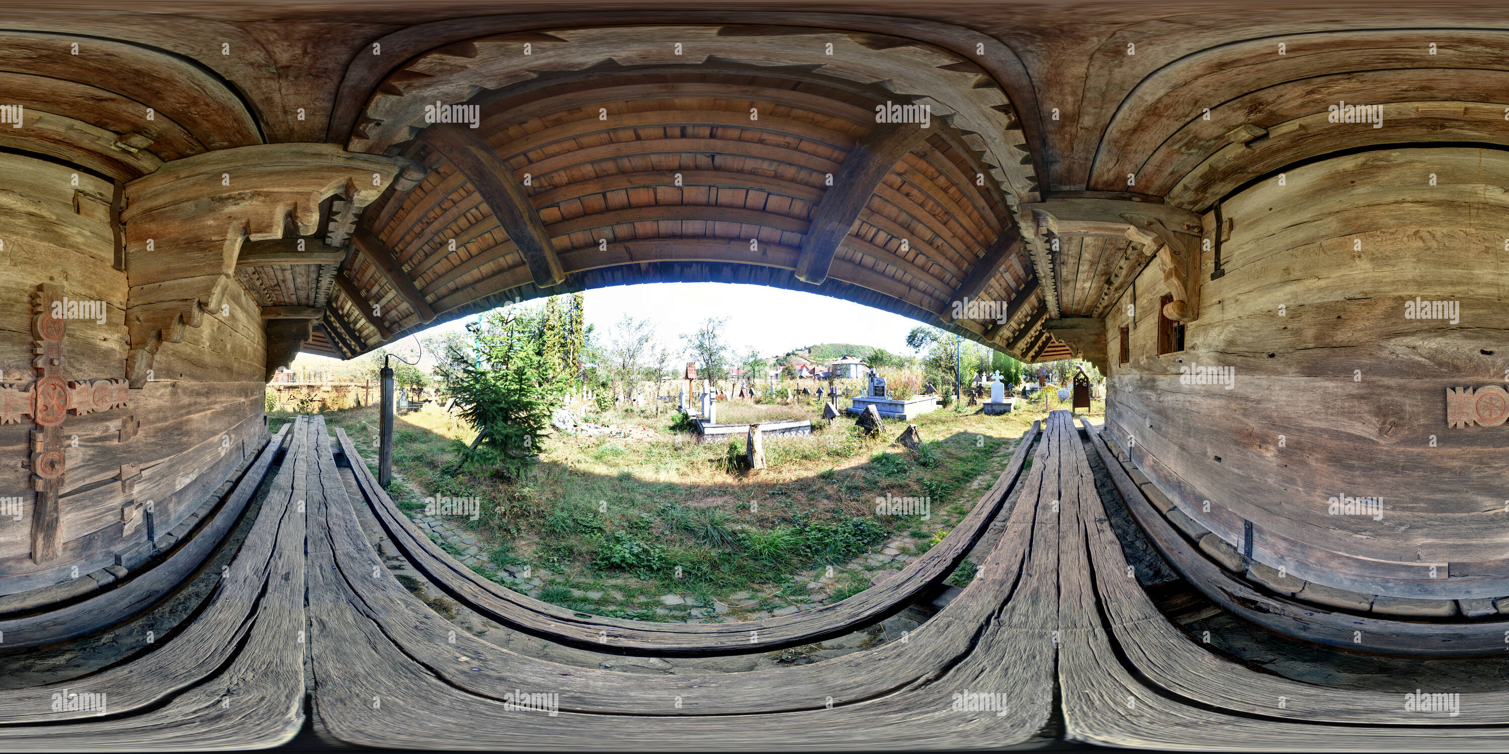 360° view of „Masa Mosilor” (Seniors' Table), „Holy Archangels” church ...