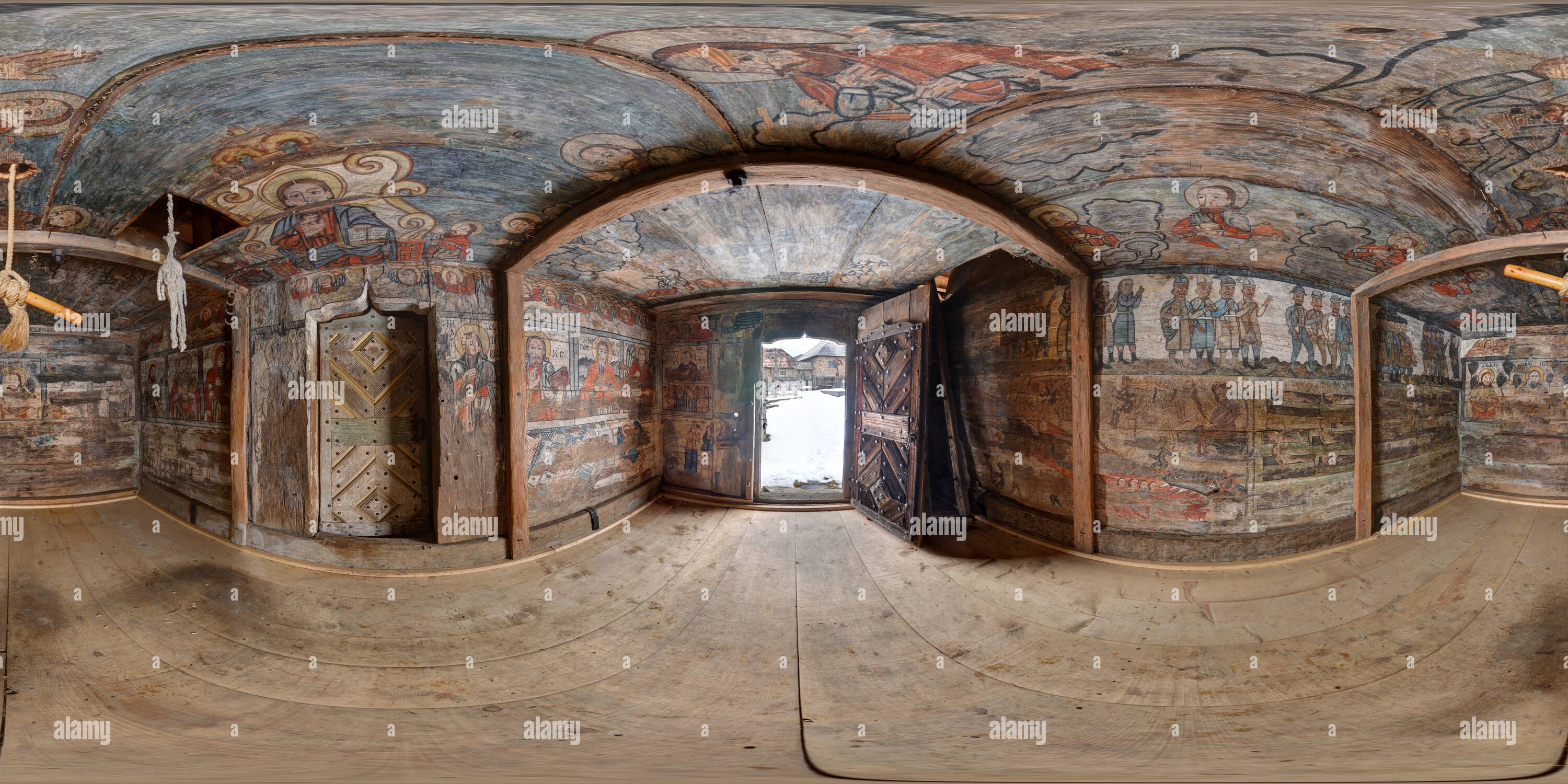 360° view of „Holy Archangels” wooden church 1671, the narthex, Libotin ...