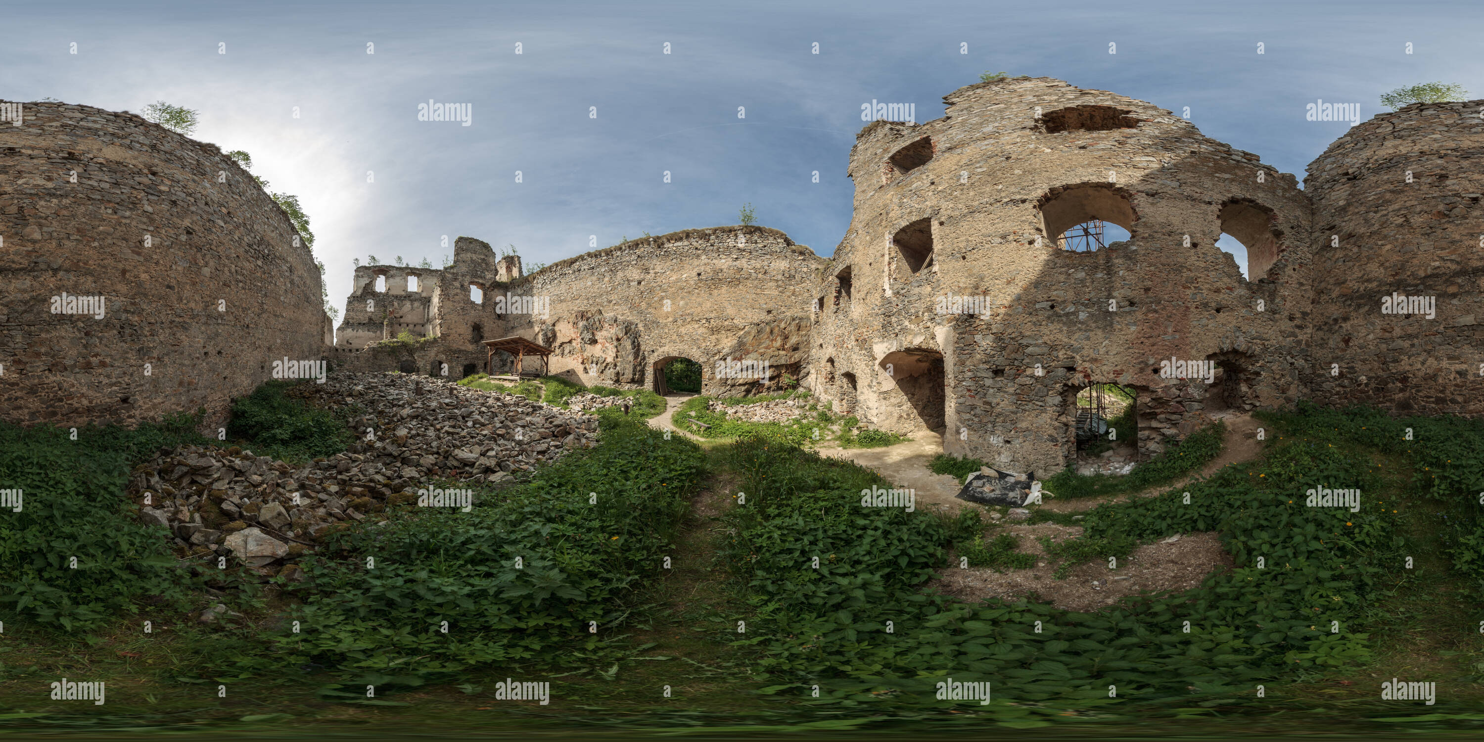 360° view of Romantic ruins of the Dívčí Kámen (Girl’s Stone) castle ...