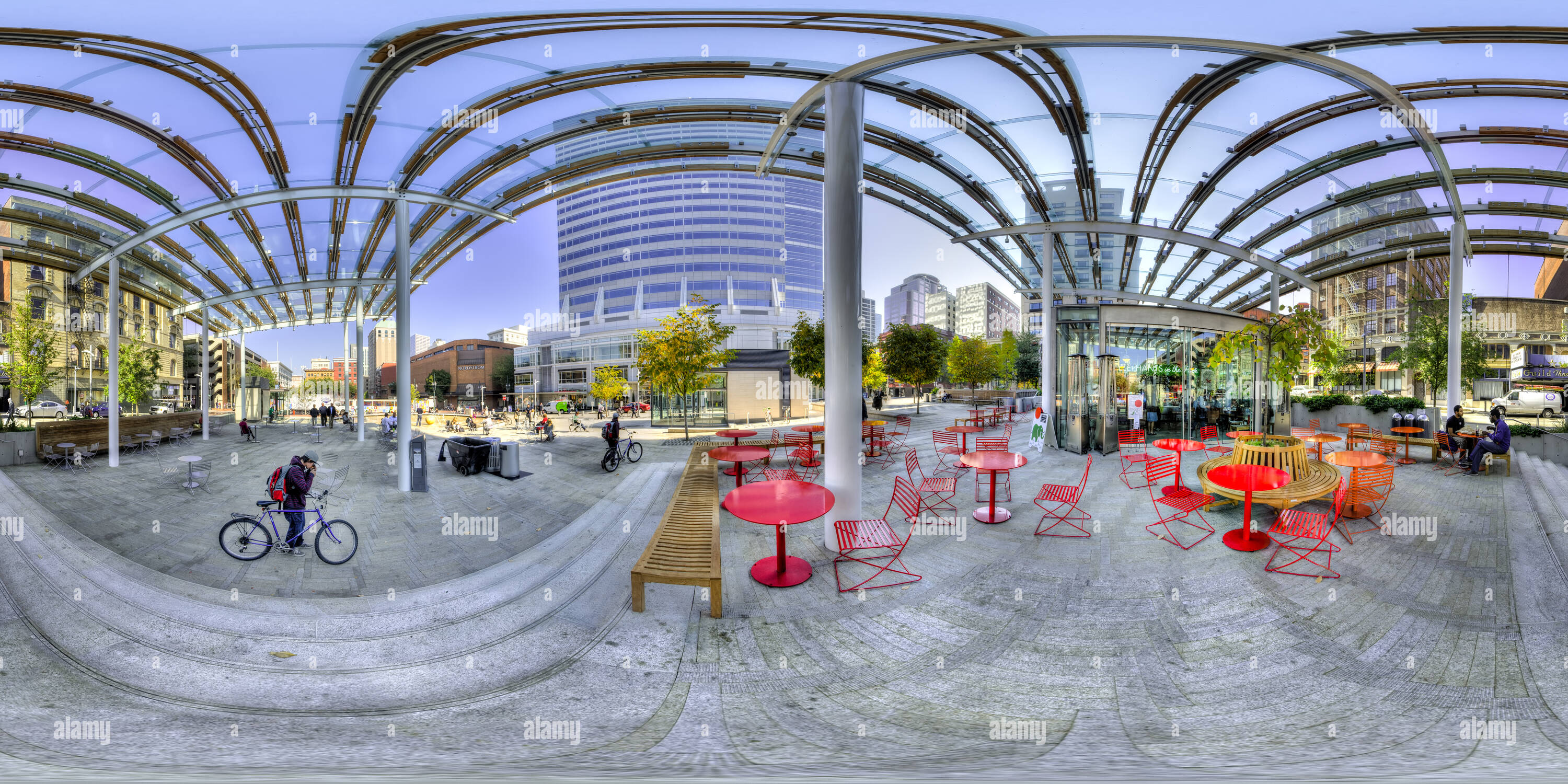 360° view of Cyclist Pauses to Light Up, Director Park, Portland, OR ...