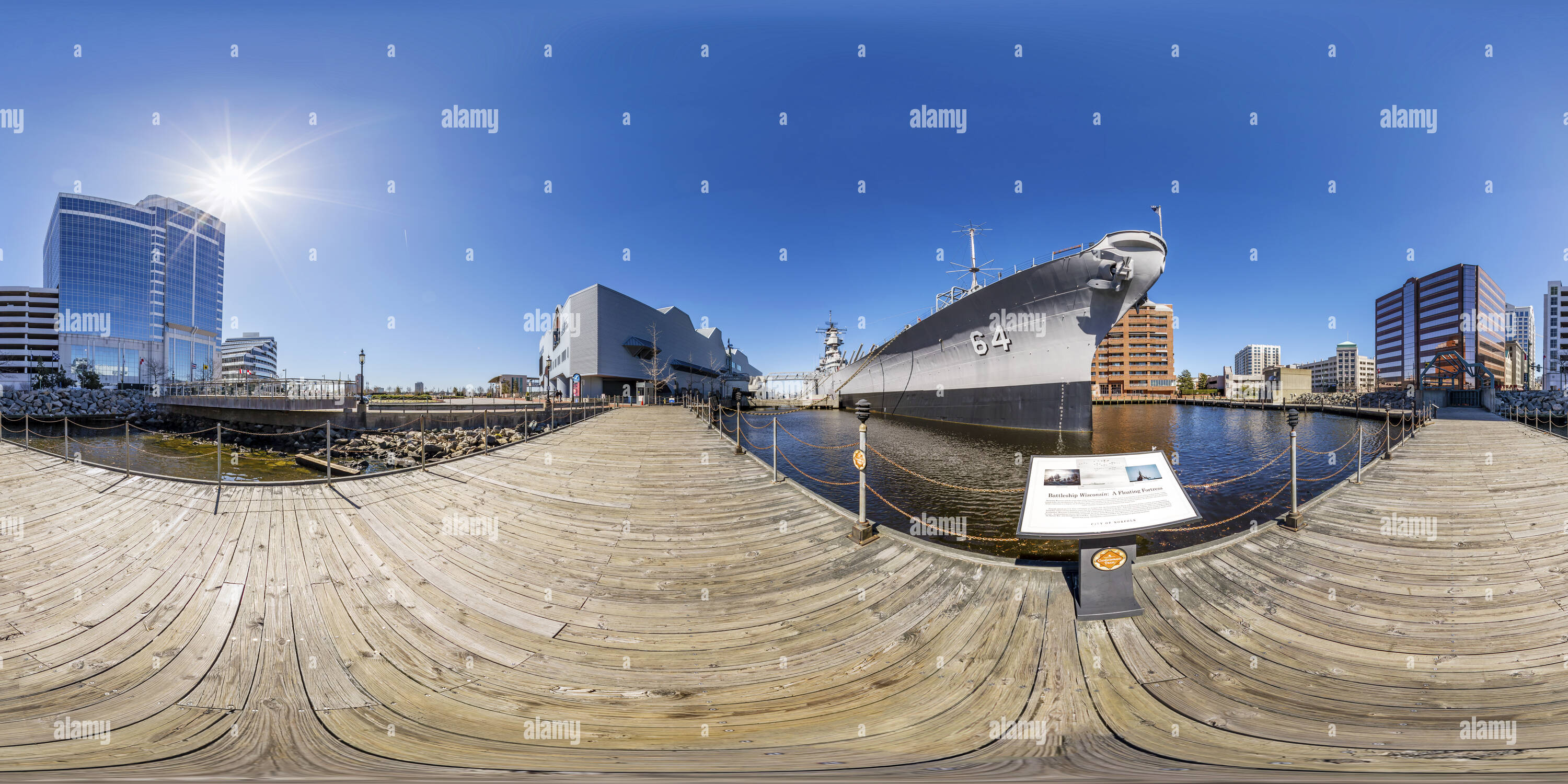 360° view of Battleship Wisconsin (BB-64) and Nauticus from Pier - Alamy