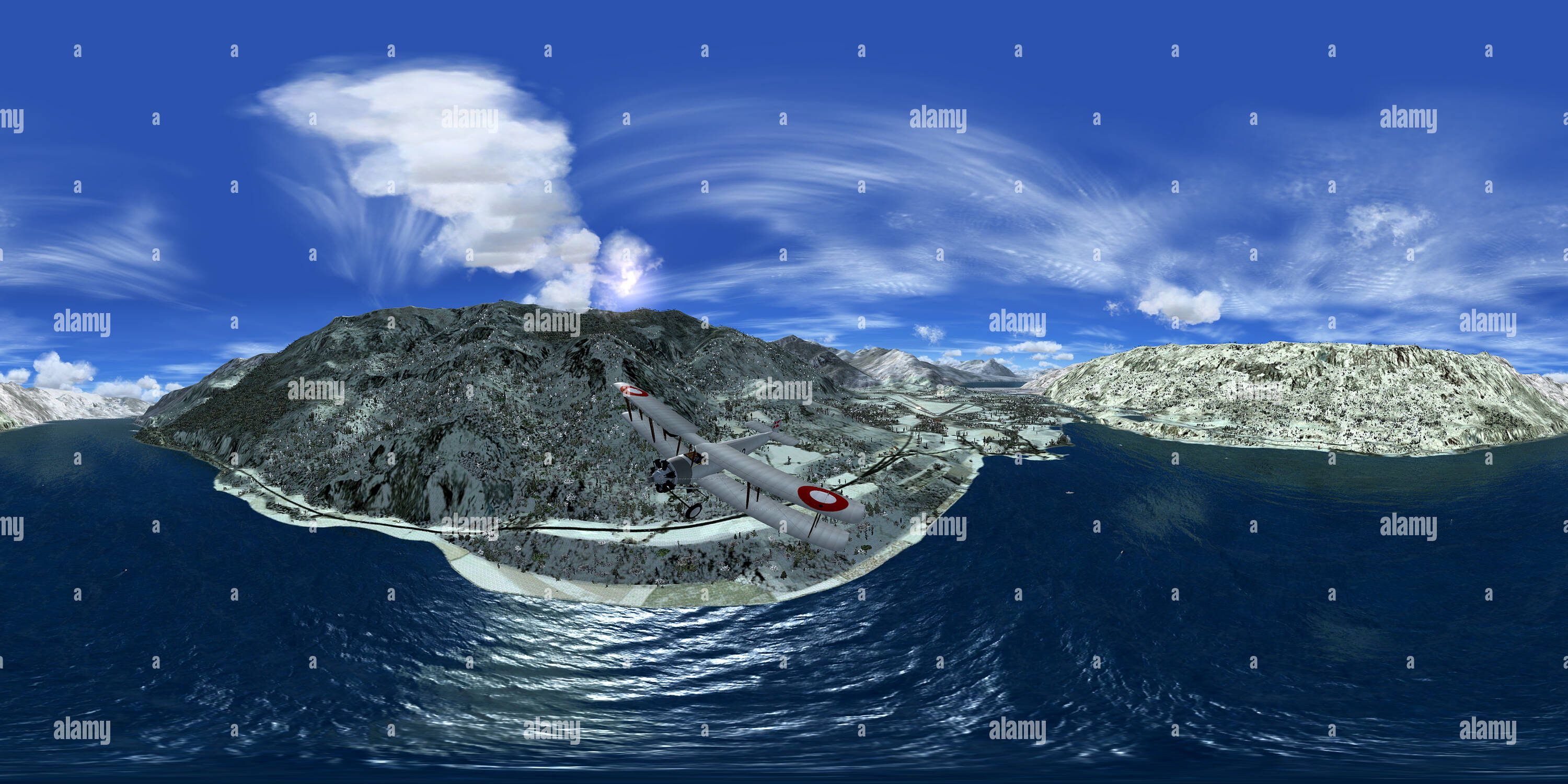 360° view of Biplane over snowy mountains (Flight Simulator computer ...