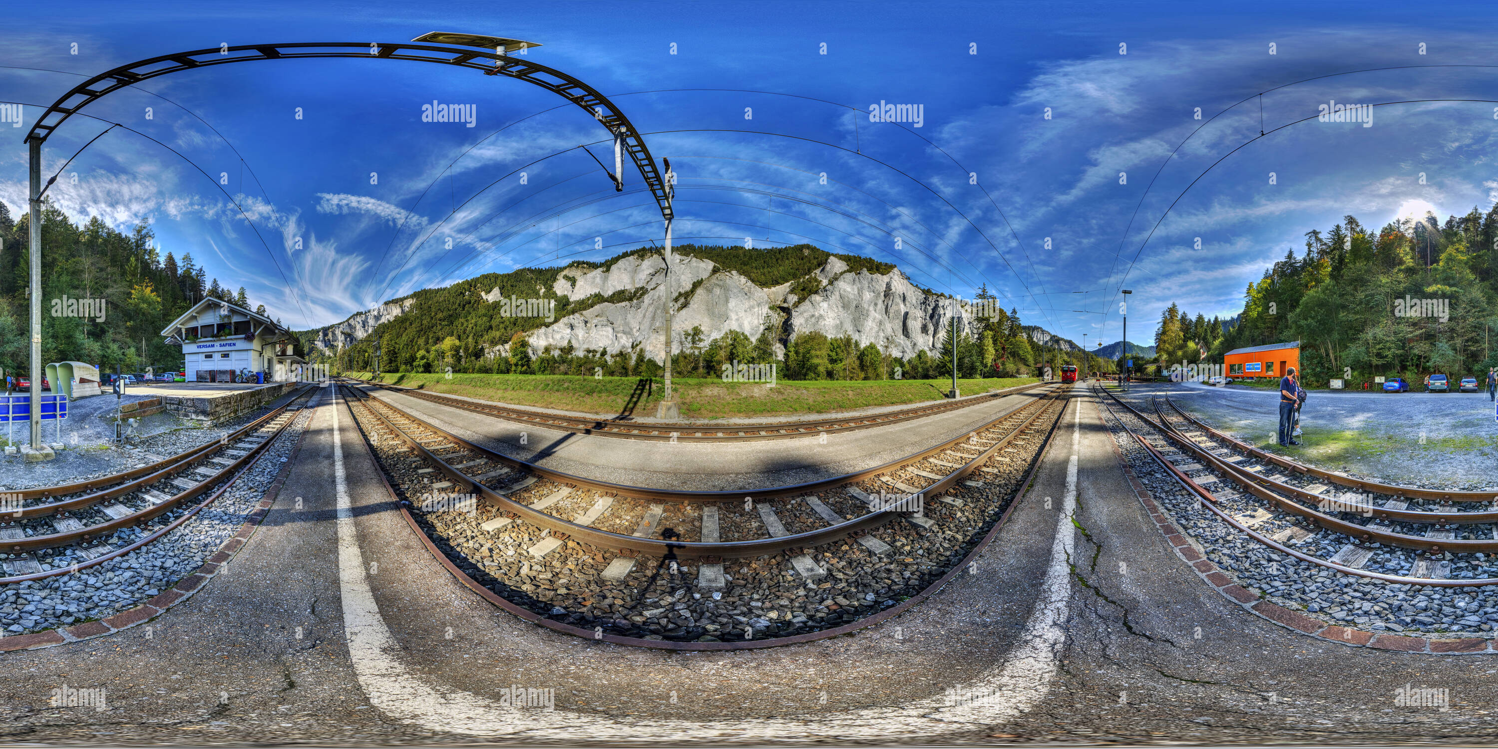 360° view of A Freight Train of the Rhaetian Railway arrives in Versam ...