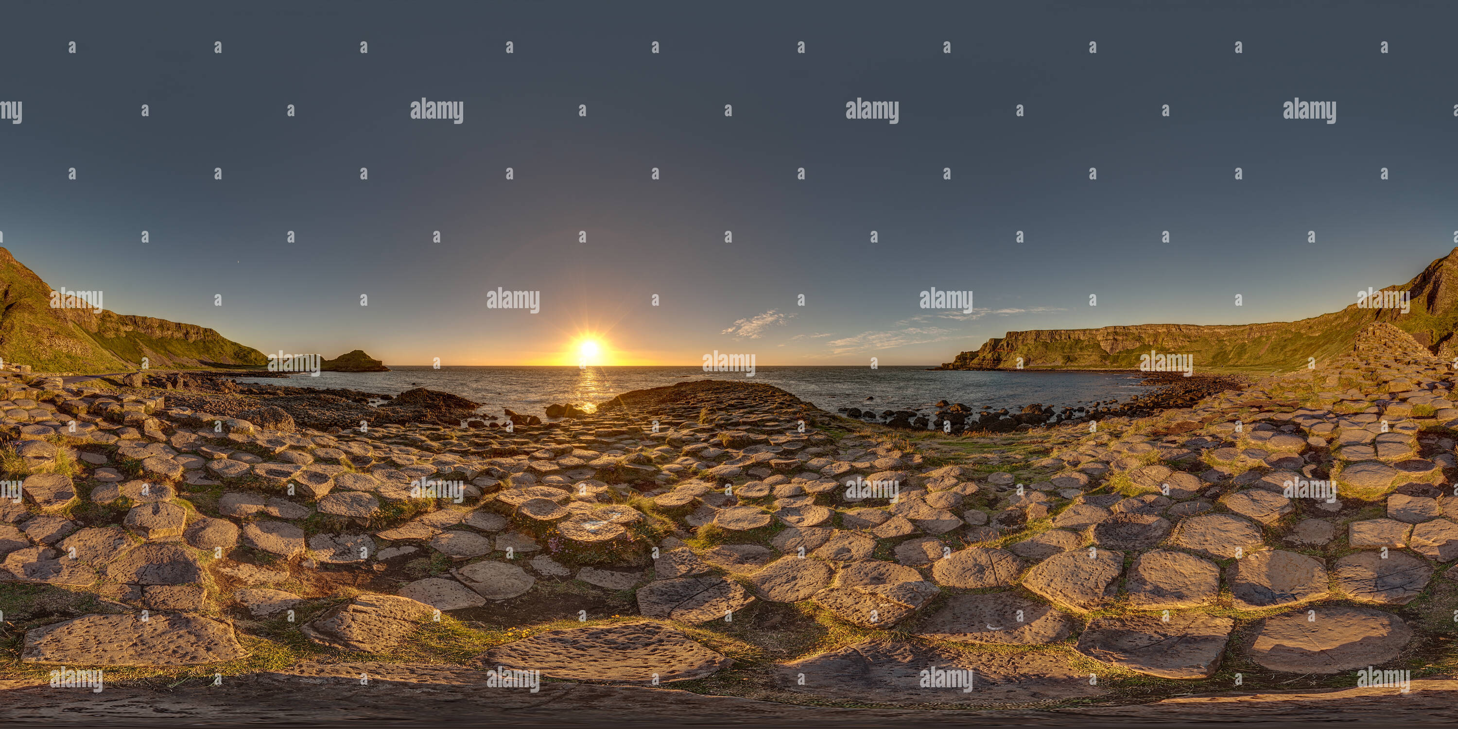 360° view of Evening summer sun at the Giant's Causeway, Co. Antrim ...