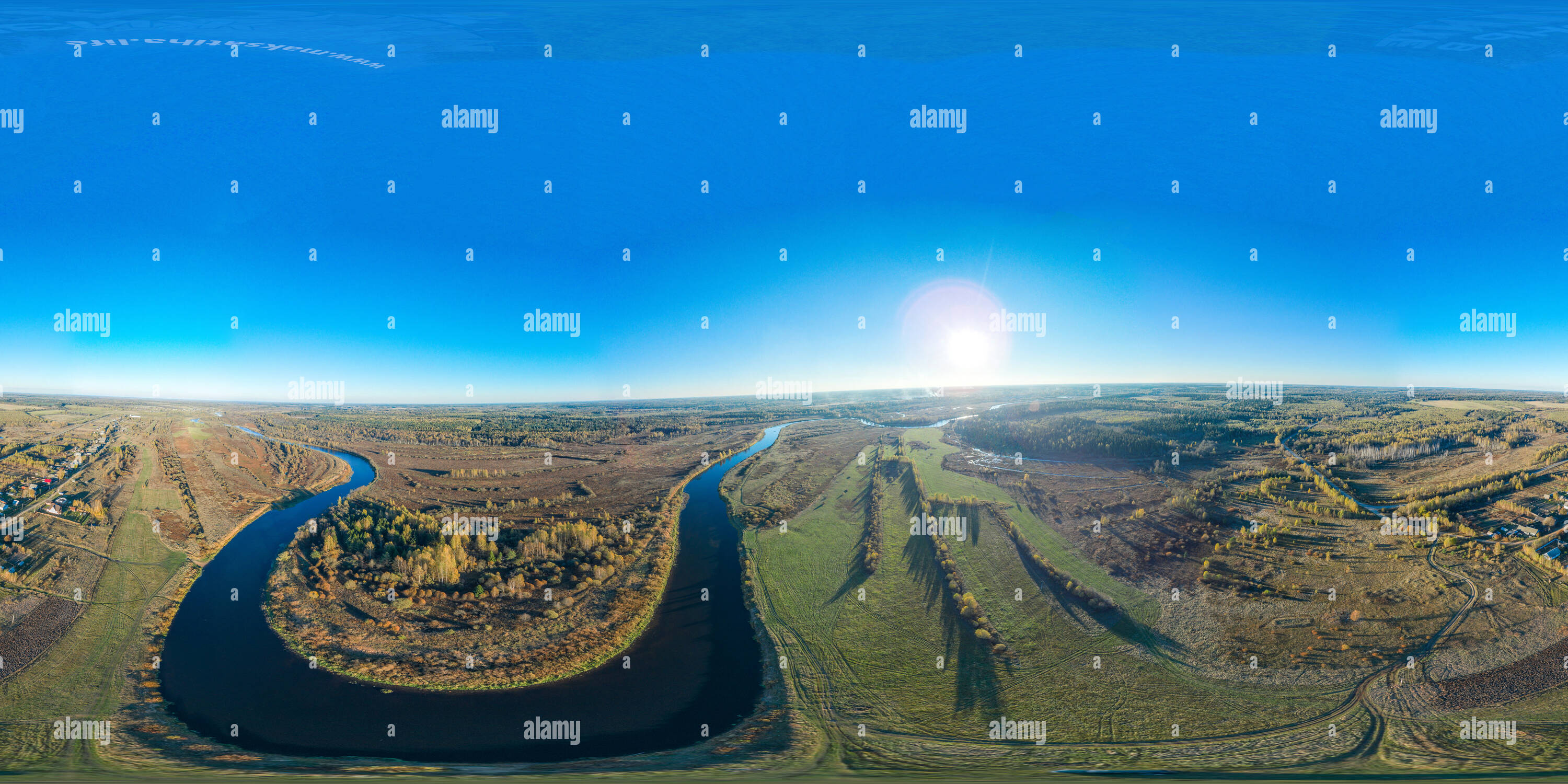 360° view of The village Kuznetsy Mologa river from a height of 166 ...