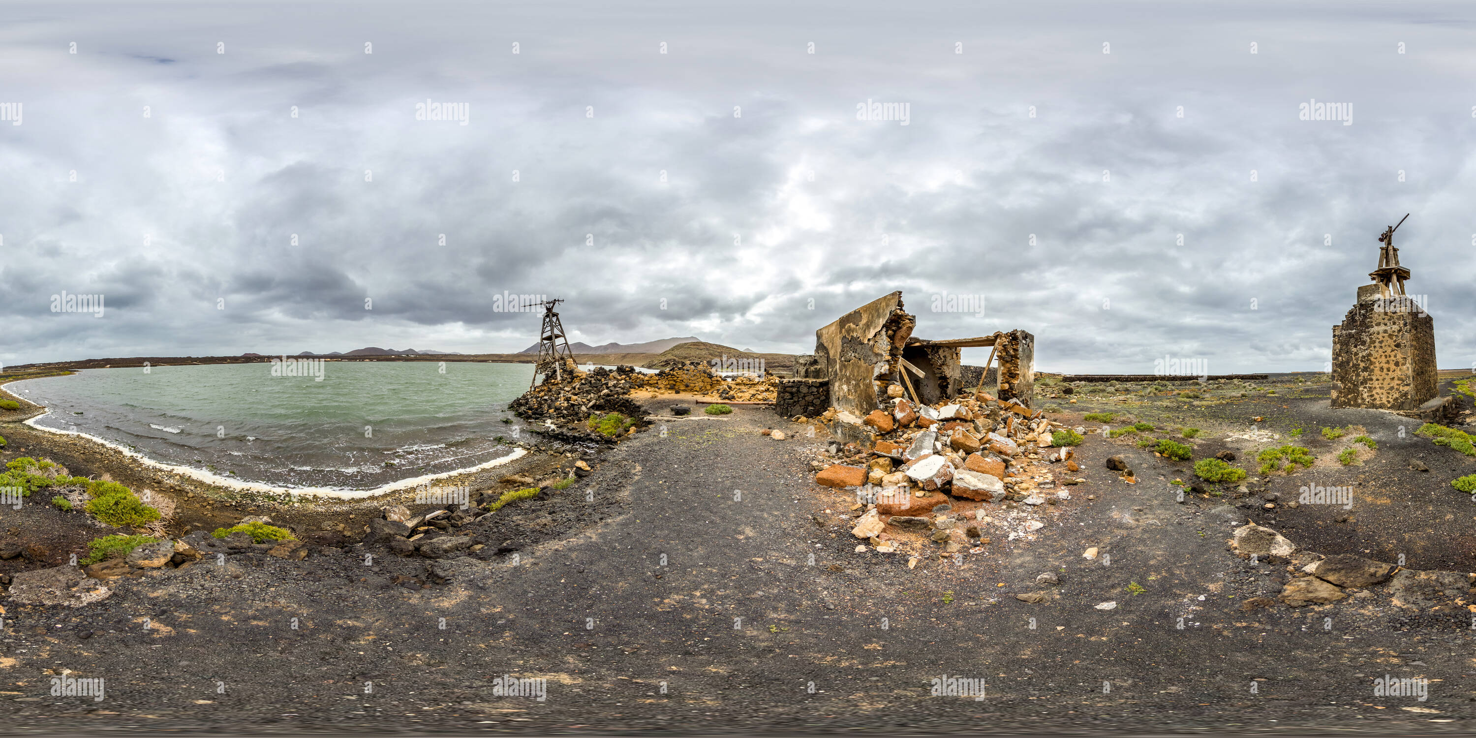 360° view of Old windmill and saltworks in volcanic lagoon - Alamy